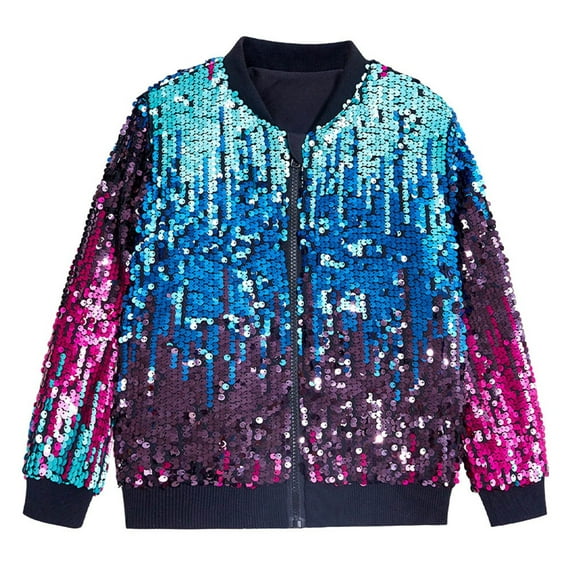 AWZXDE Girls Solid Color Sequin Zip Up Jacket Long Sleeve Glitter Kids ...