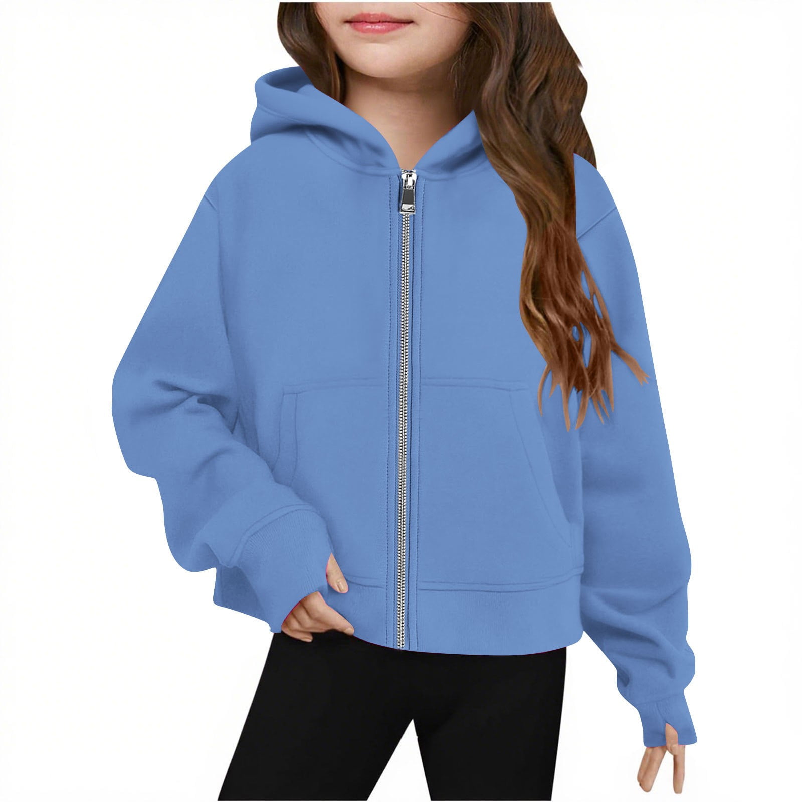 AWZXDE Girls Solid Color Zip Up Hoodie Casual Sports Wear Short Style ...