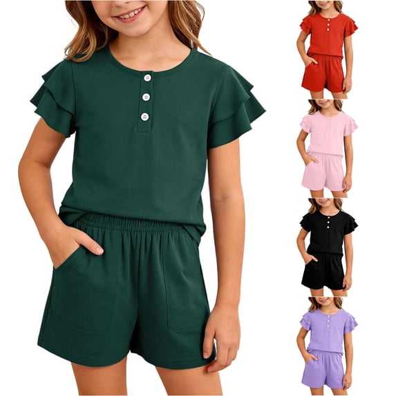 AWZXDE Girls Summer Two Piece Outfit Ruffled Short Sleeve Button Down ...
