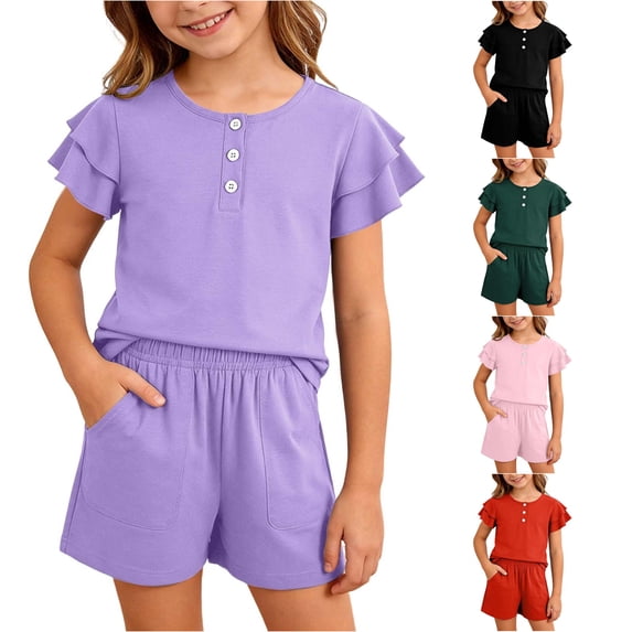 AWZXDE Girls Summer Two Piece Outfit Ruffled Short Sleeve Button Down ...