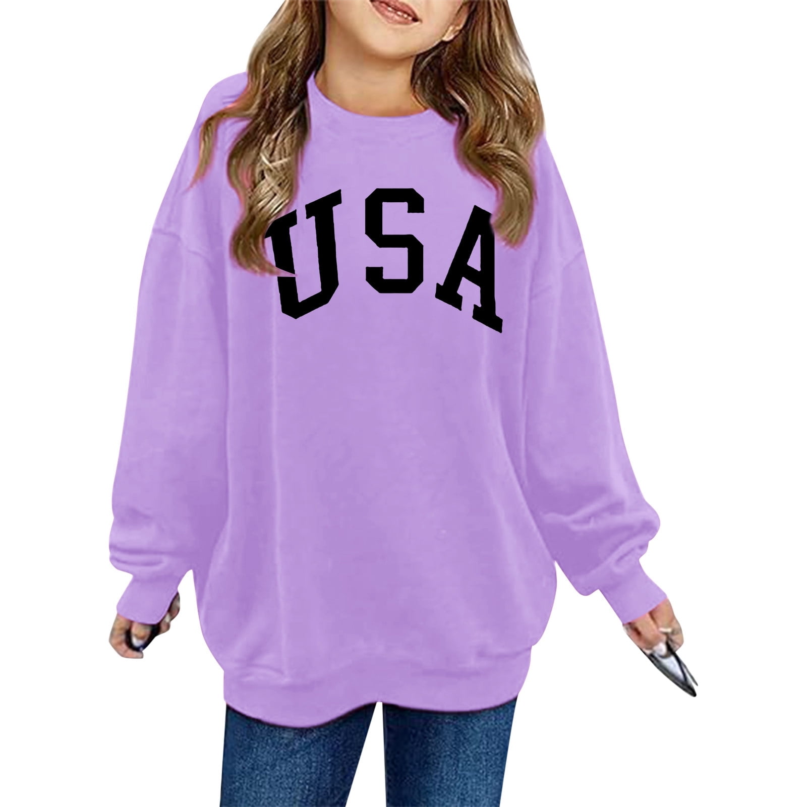 AWZXDE Girls Sweatshirts Fashion Solid Color Loose Daily Basics Letter ...