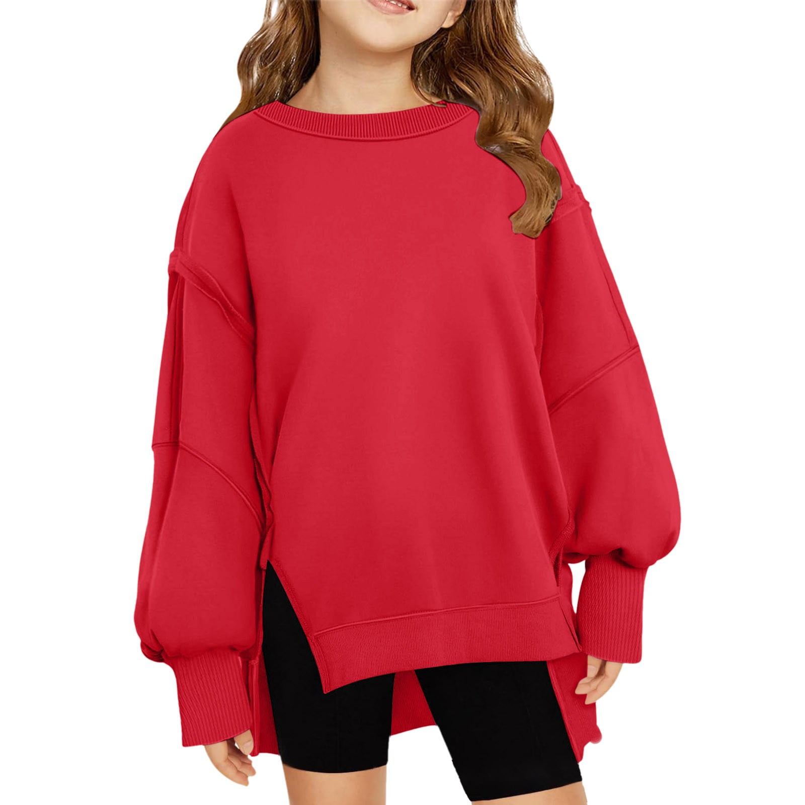 AWZXDE Girls Sweatshirts Solid Color Basics Loose Fashion Round Neck ...