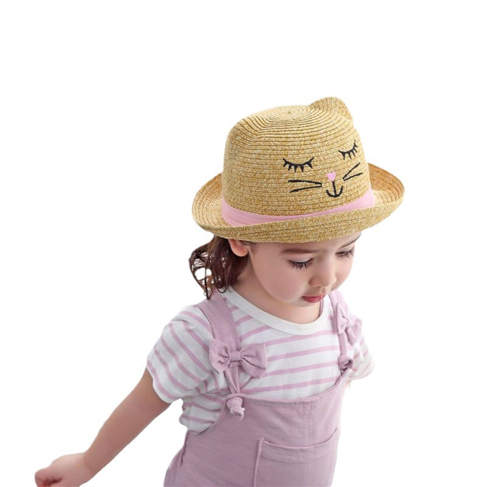 AWZXDE Kids Straw Hat Little Girl Bear Ear Wide Brim Summer Beach with ...