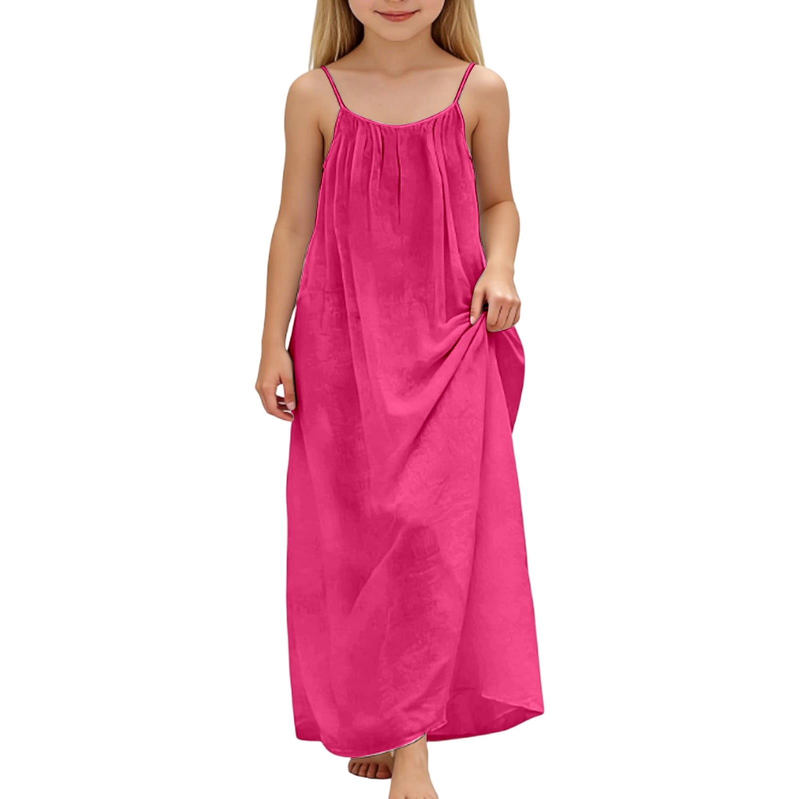 AWZXDE Loose Fit Long Girls Dresses Solid Color Sleeveless Strap Tank ...