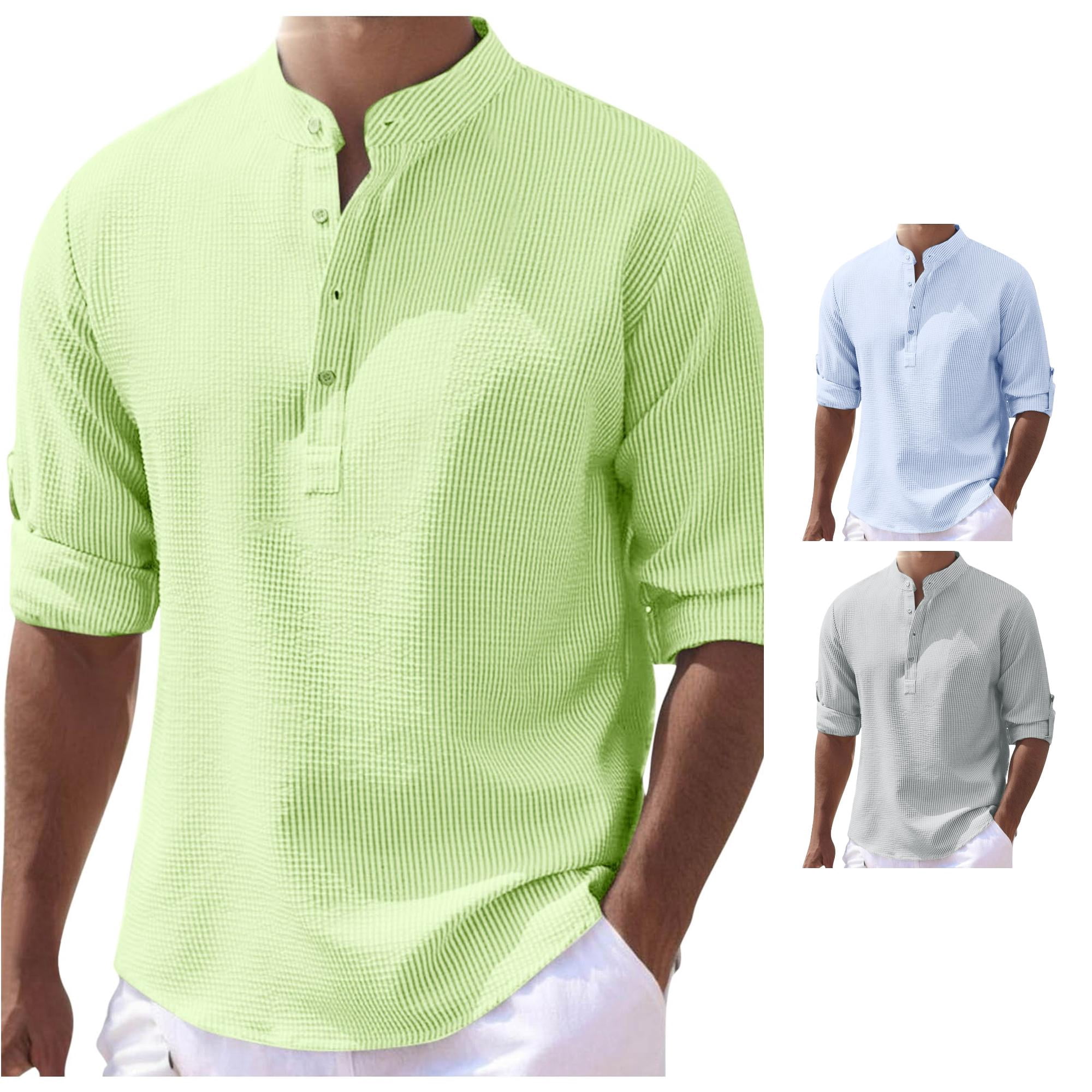 AWZXDE Men Shirts Solid Button Down Stand Collar Long Sleeve Casual Top ...