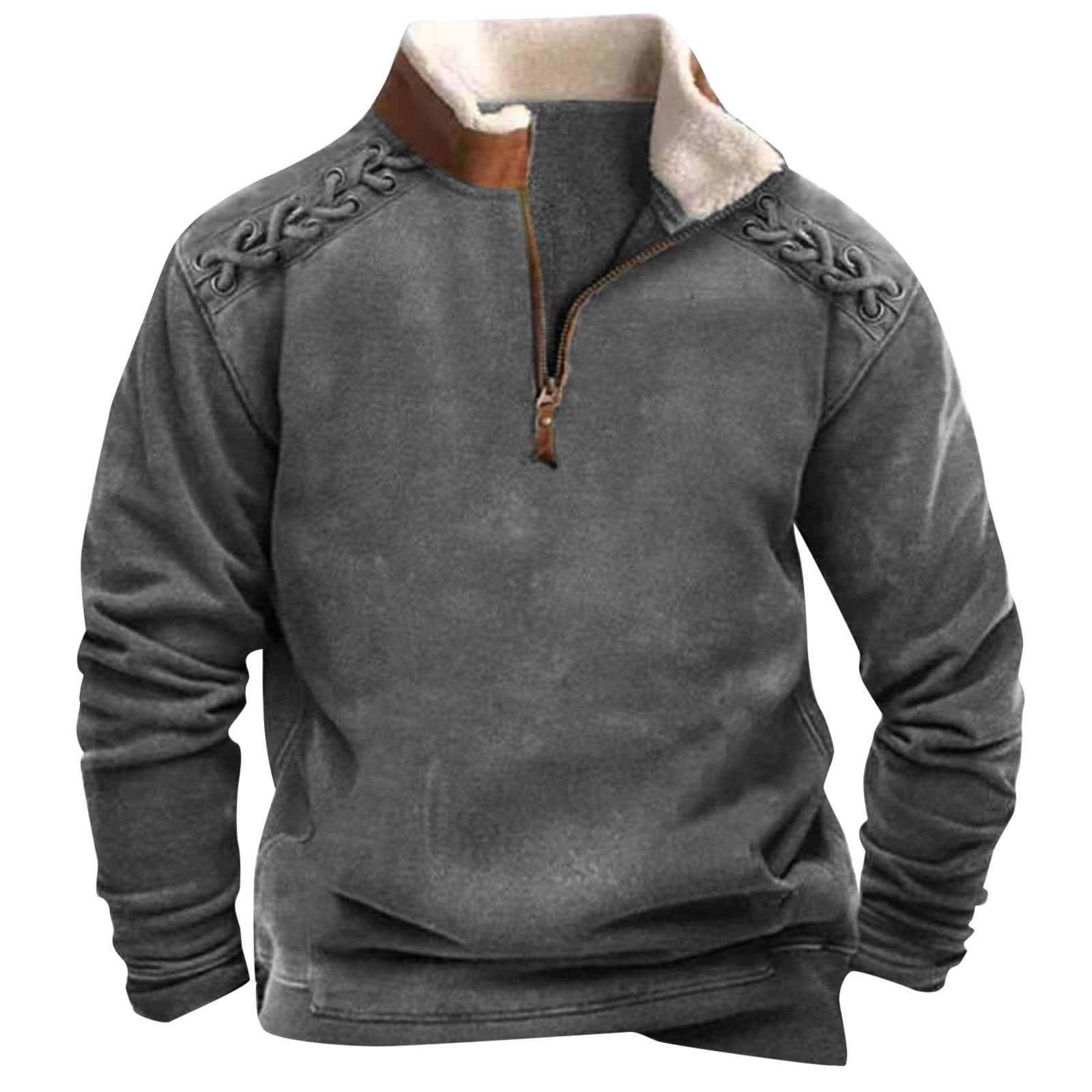 AWZXDE Men's Solid Color Half Zip Stand Collar Sweatshirt, Warm Casual Pullover No Hood Grey,S ...