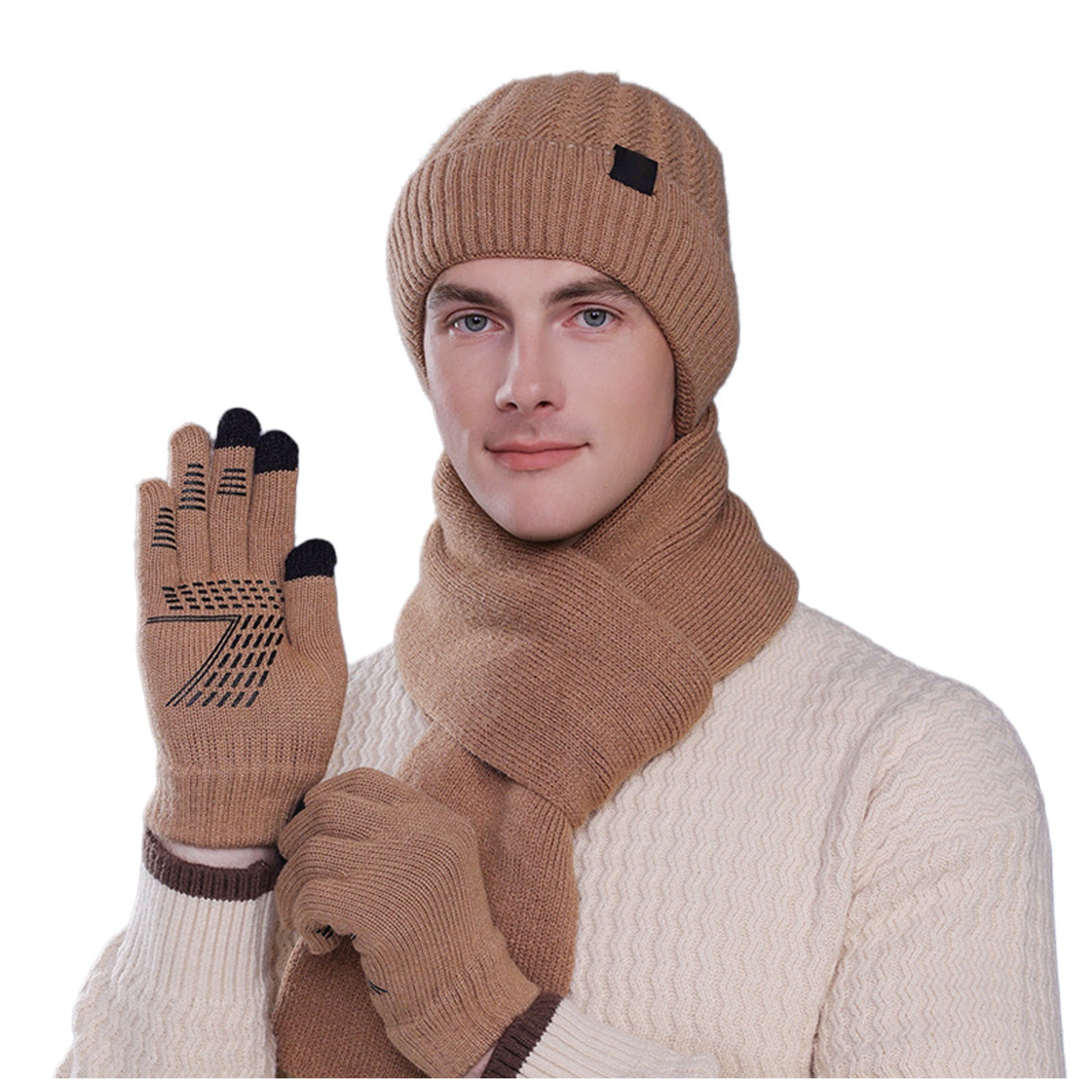 AWZXDE Men's Winter Daily Versatile Solid Color Knit Hat Gloves Scarf ...