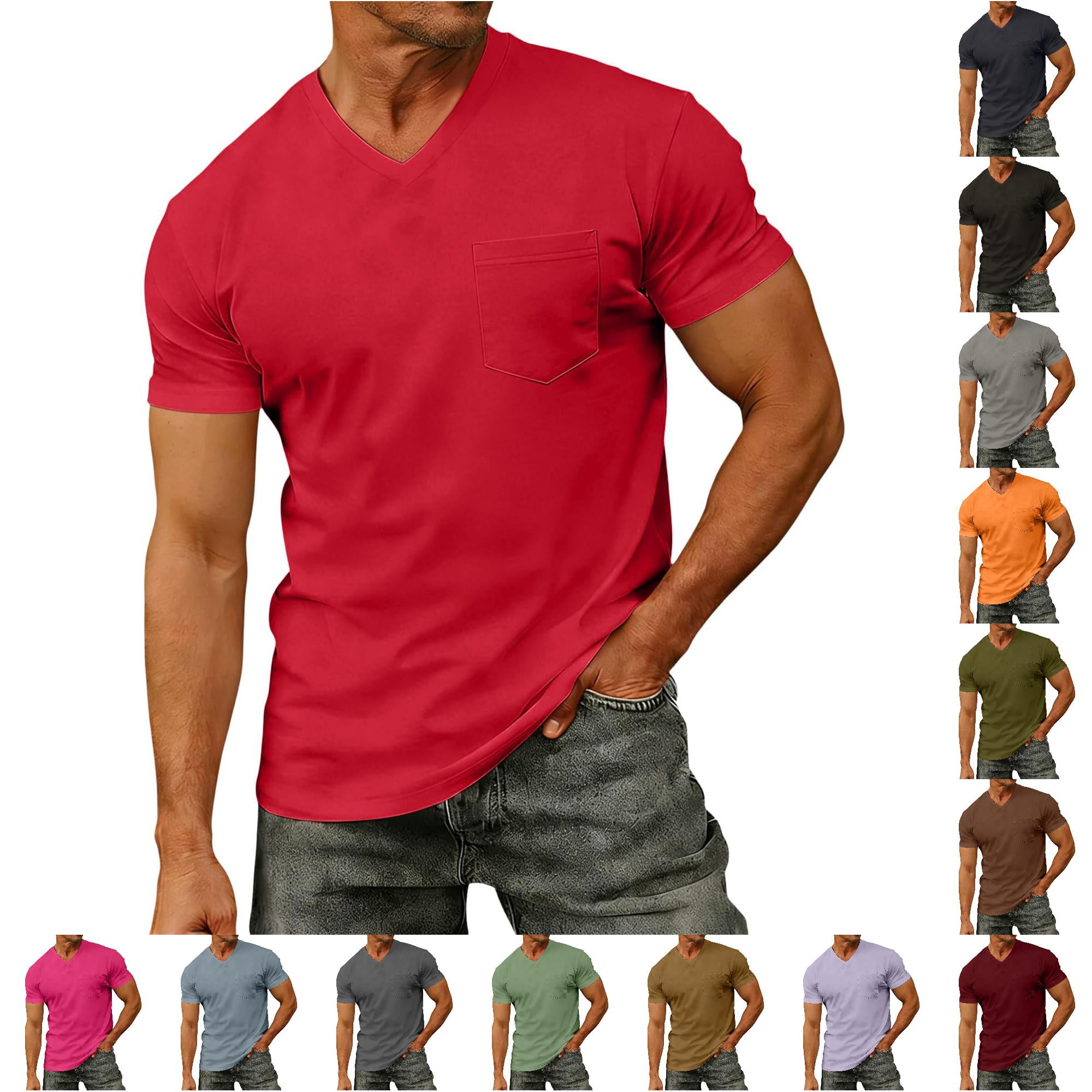 AWZXDE Men's Workout Running Shirts Solid V-Neck Chest Pocket Short ...