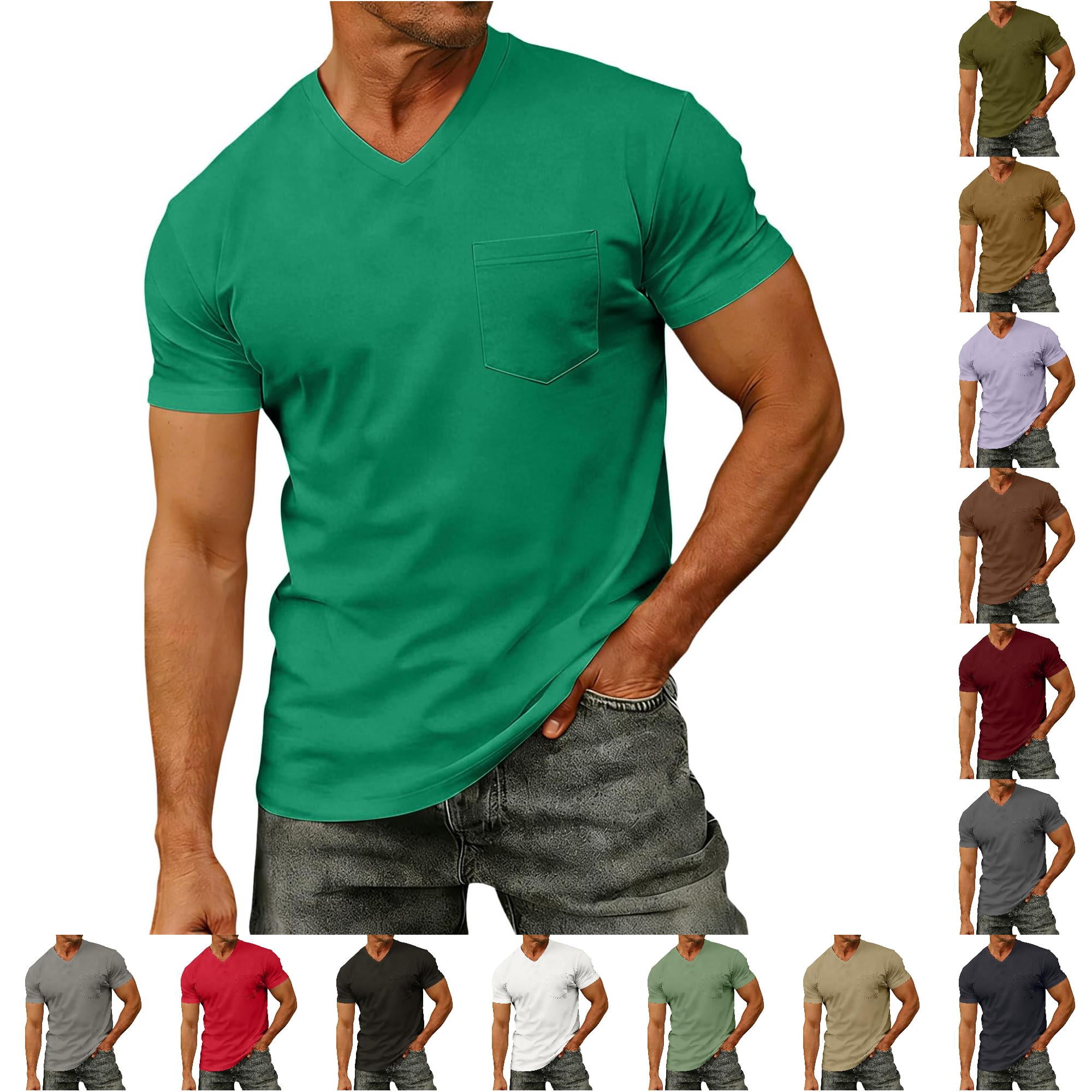 AWZXDE Men's Workout Running Shirts Solid V-Neck Chest Pocket Short ...
