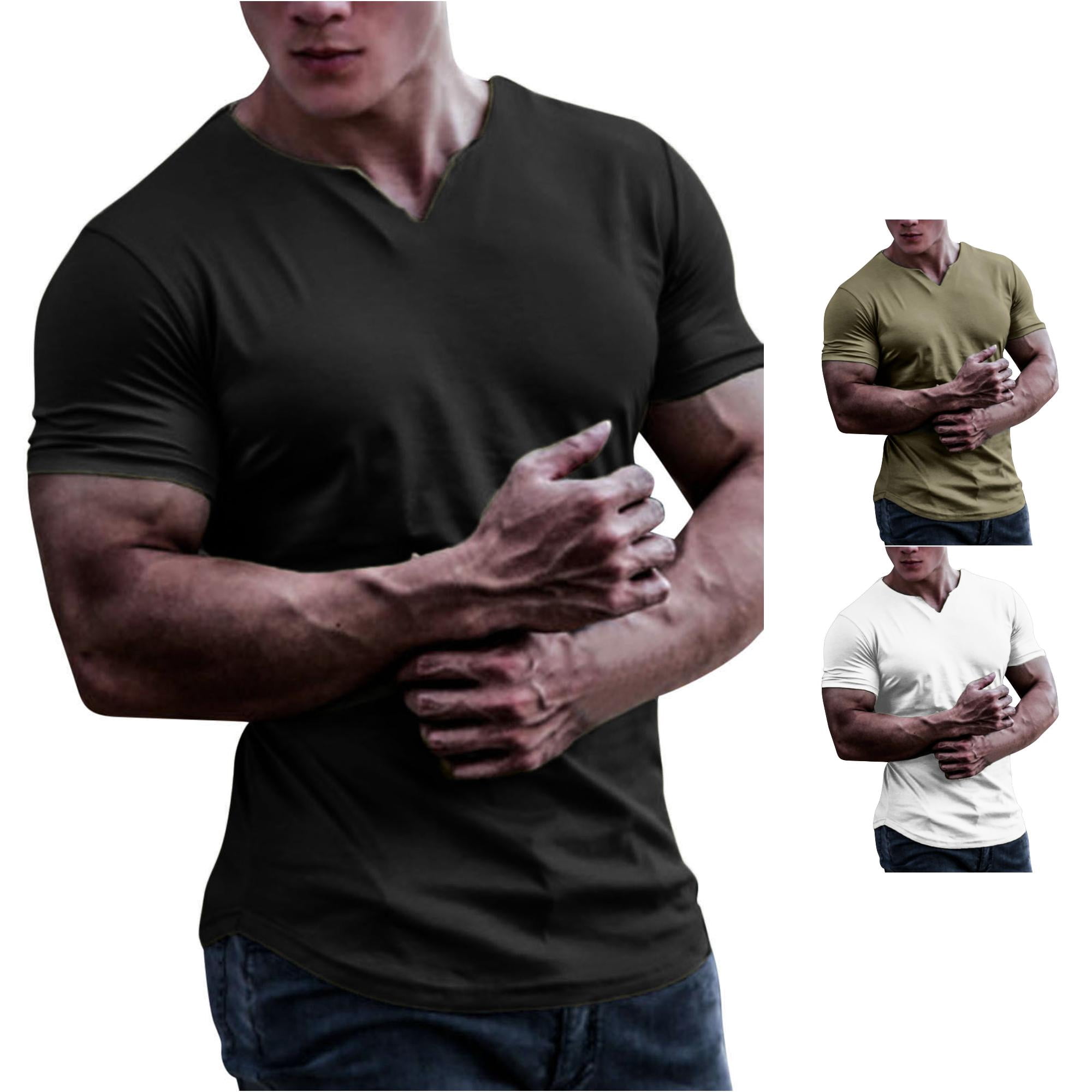 AWZXDE Men's Workout Running Shirts Solid V-Neck Short Sleeve Athletic ...