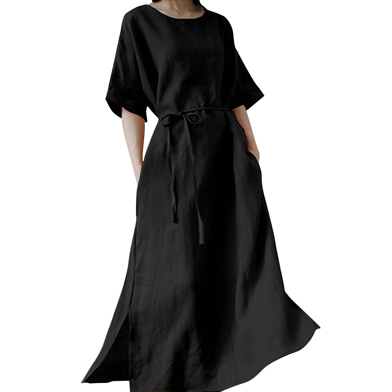 AWZXDE Round Neck Long Dress with Large Flowy Hem Waist Tie Short ...