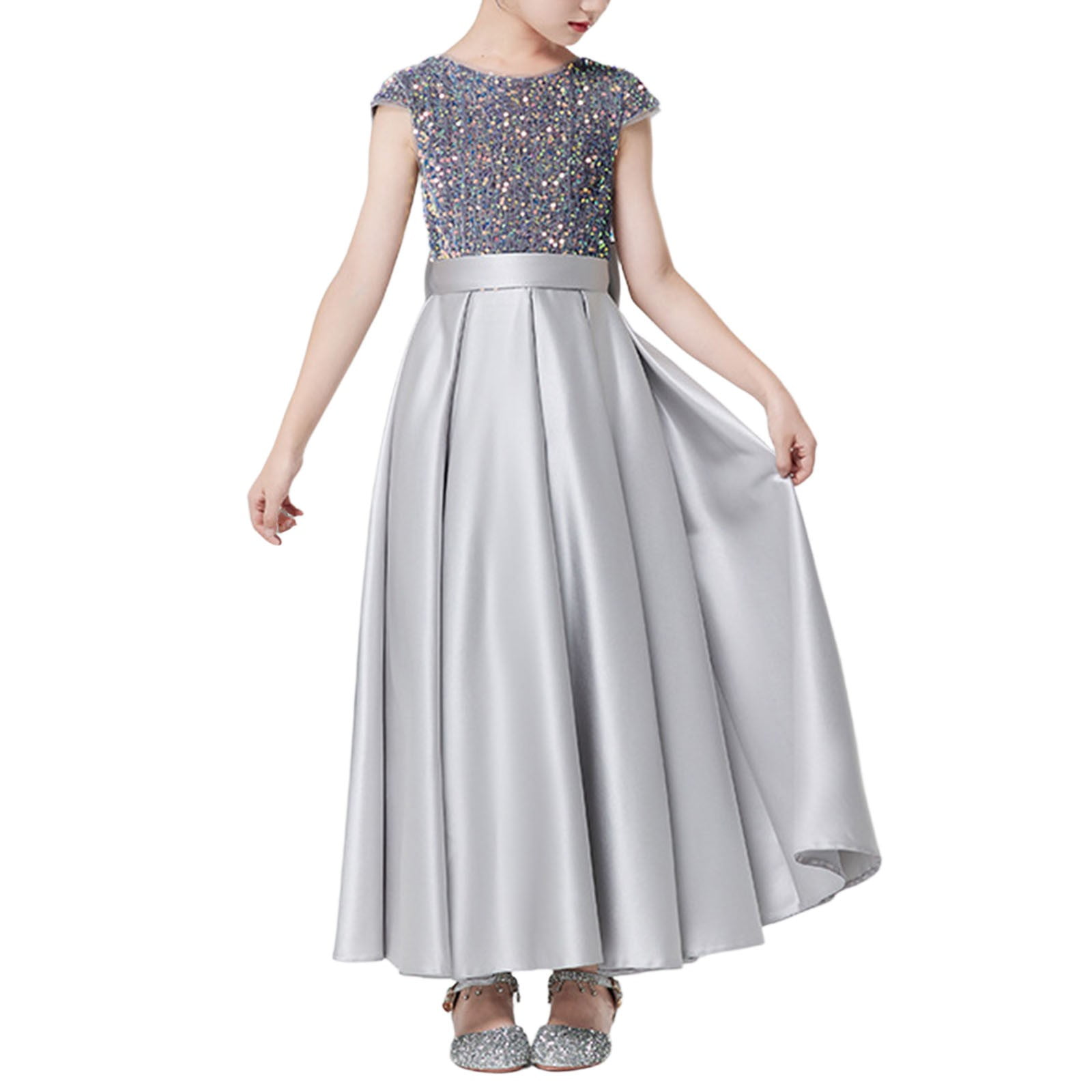 AWZXDE Silver Sequin Dress For Girls Short Sleeve Sparkly Party Dress ...