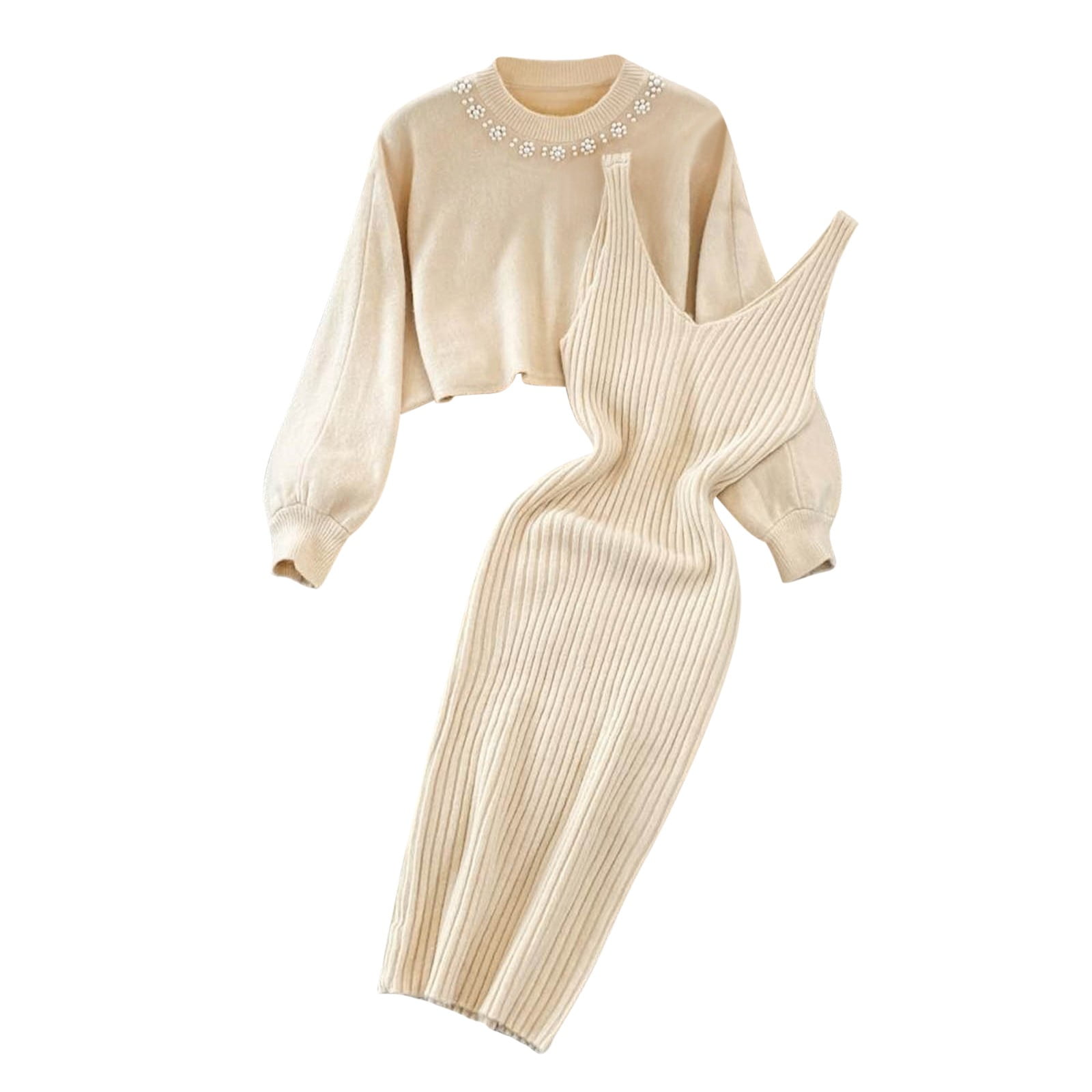 AWZXDE Solid Color Knit Two Piece Set Long Sleeve Pearl Top with Maxi ...