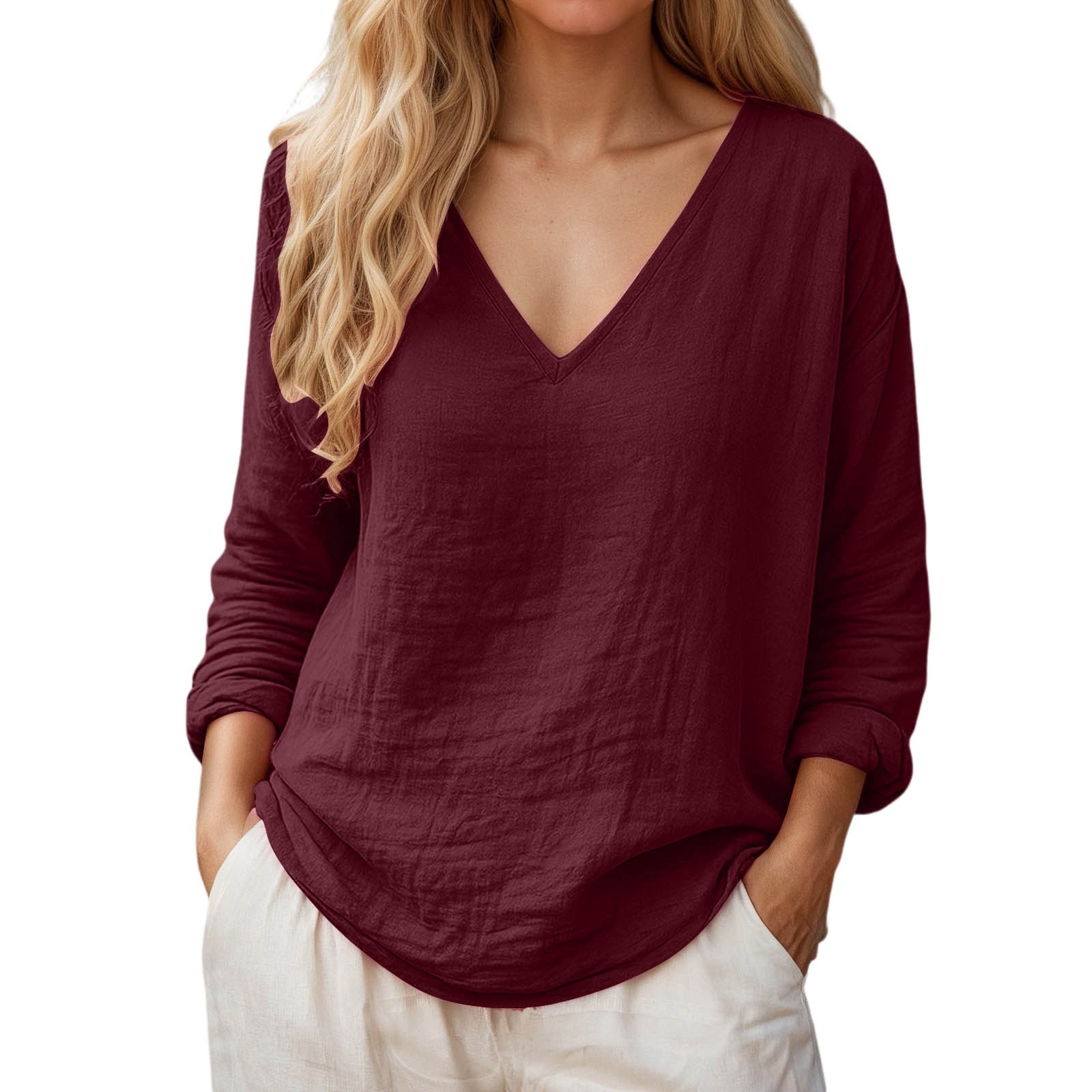 AWZXDE Spring Tops for Women 2026 Casual Loose Cotton V Neck Long ...