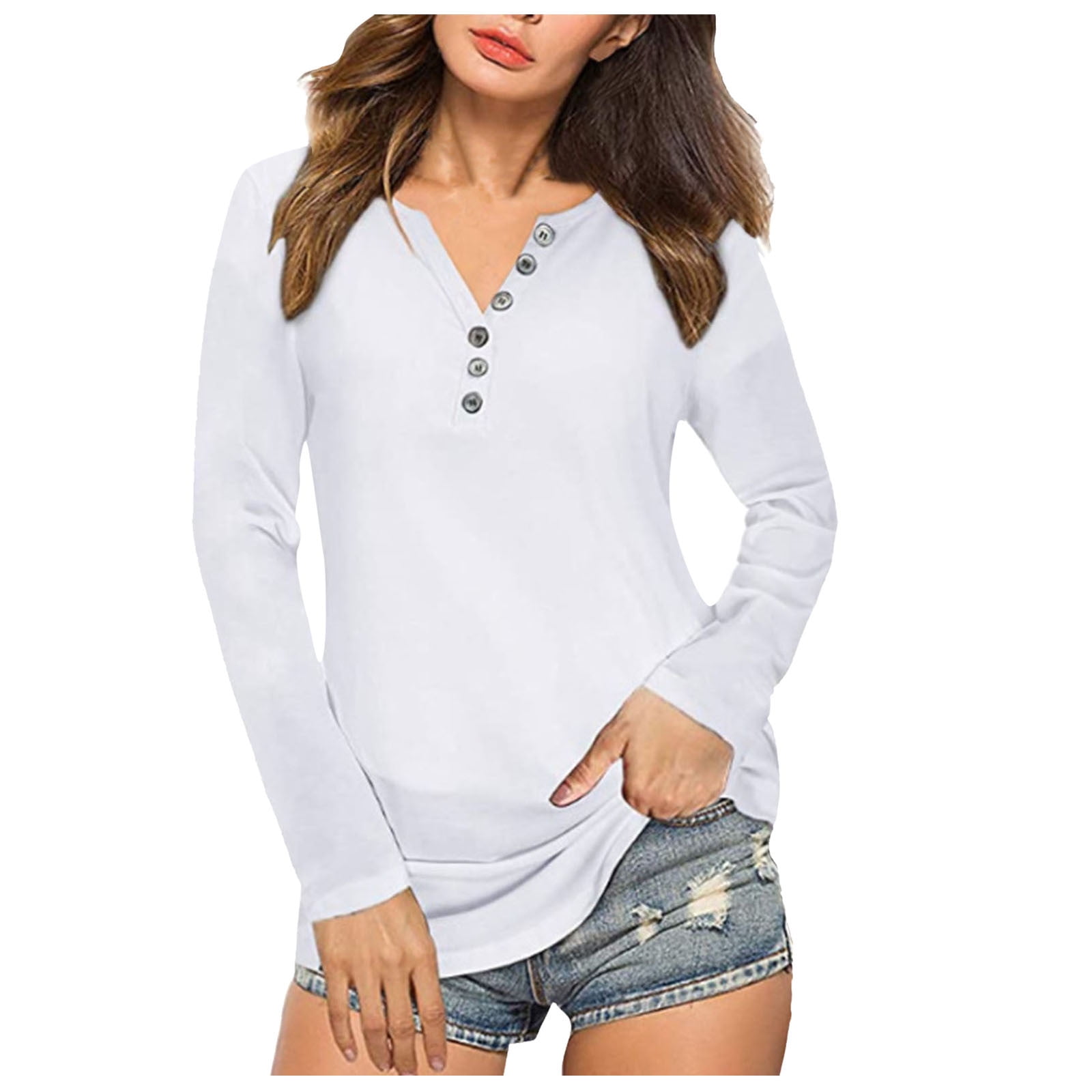 AWZXDE Spring Tops for Women V Neck Solid Color Long Sleeve Tops Casual ...