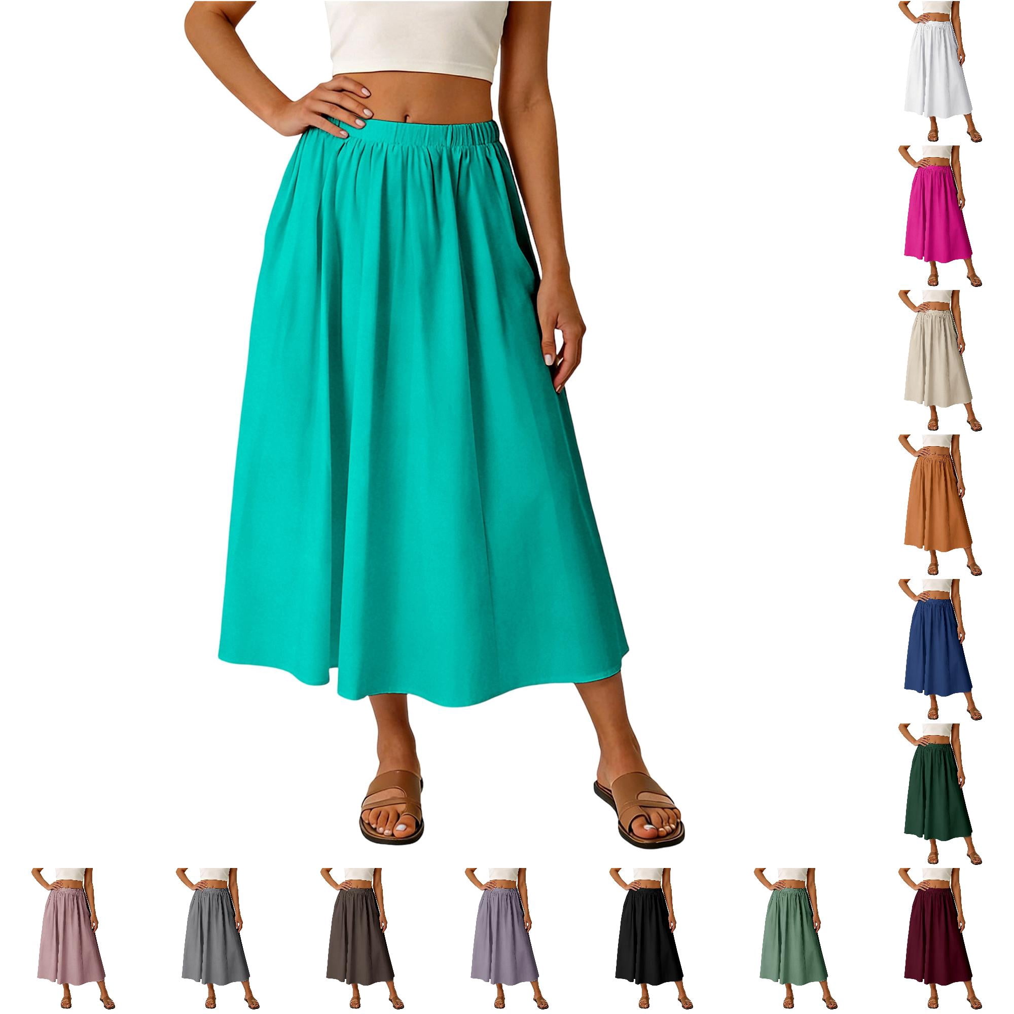 AWZXDE Summer Womens Skirts Solid Elastic Waist A Line Flowy Long Skirt ...