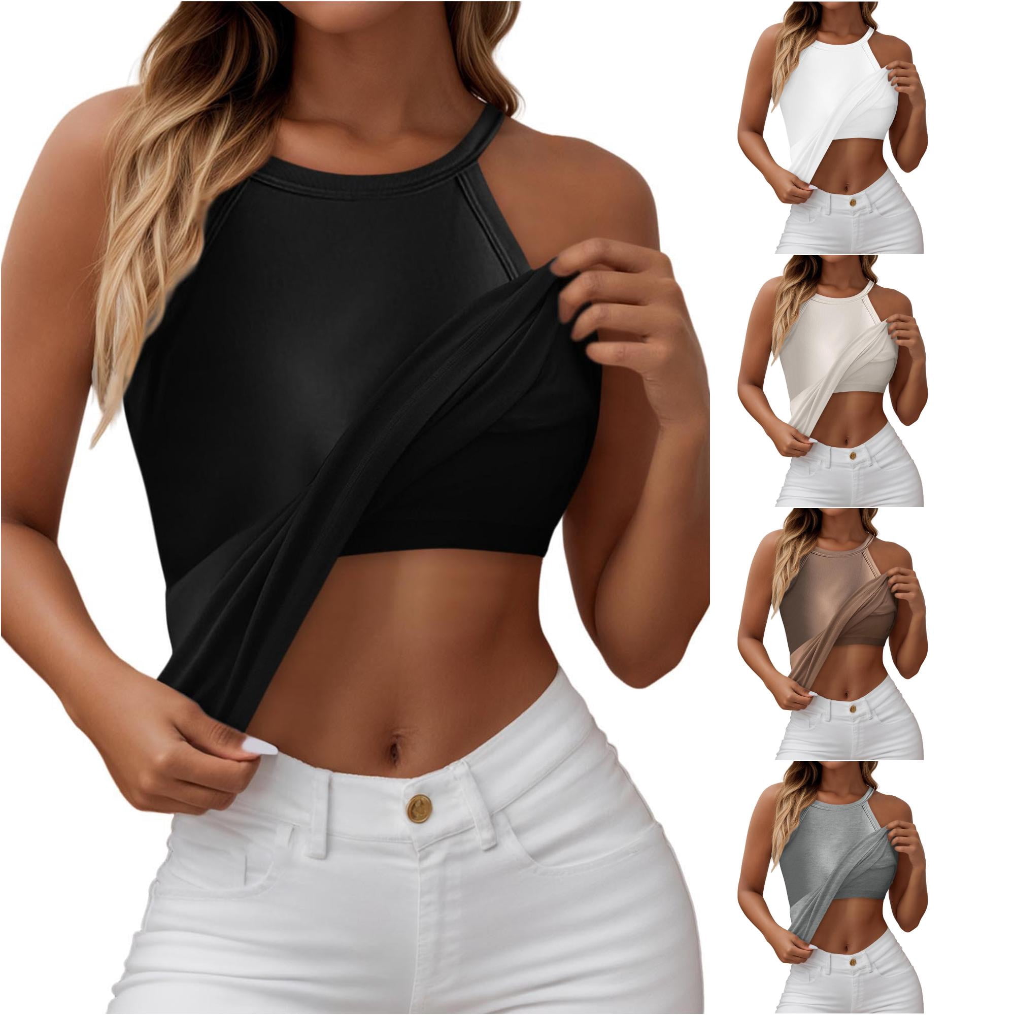 AWZXDE Tank Tops for Women Built In Bra Spring Summer Solid Color Round ...