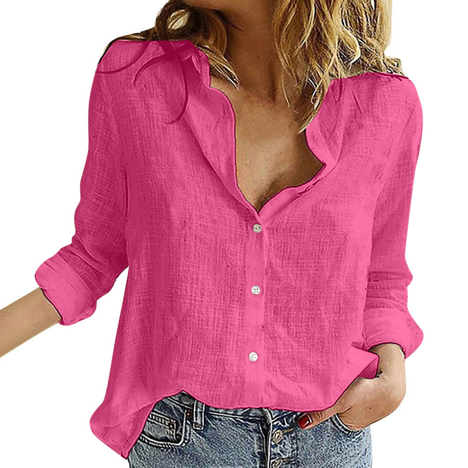 AWZXDE Women Solid Color Casual Loose Long Sleeve Shirt Fashion ...