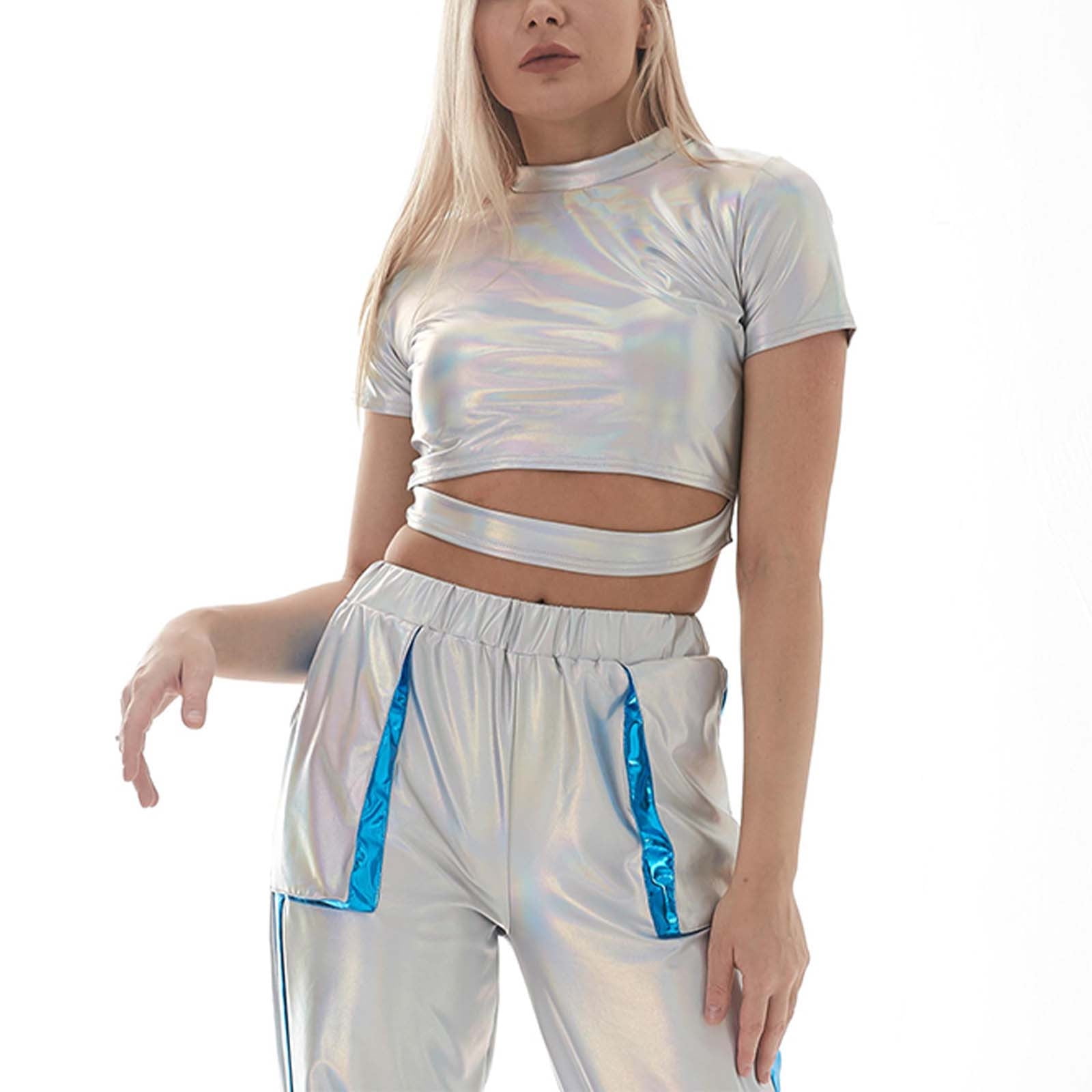 AWZXDE Women Solid Color Shiny High Neck Halter Top Short Sleeve Crop ...