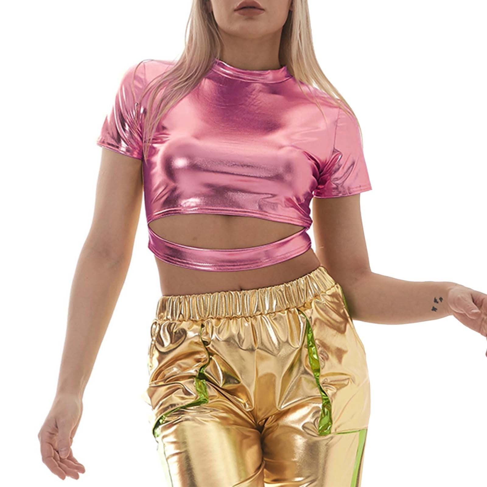 AWZXDE Women Solid Color Shiny High Neck Halter Top Short Sleeve Crop ...