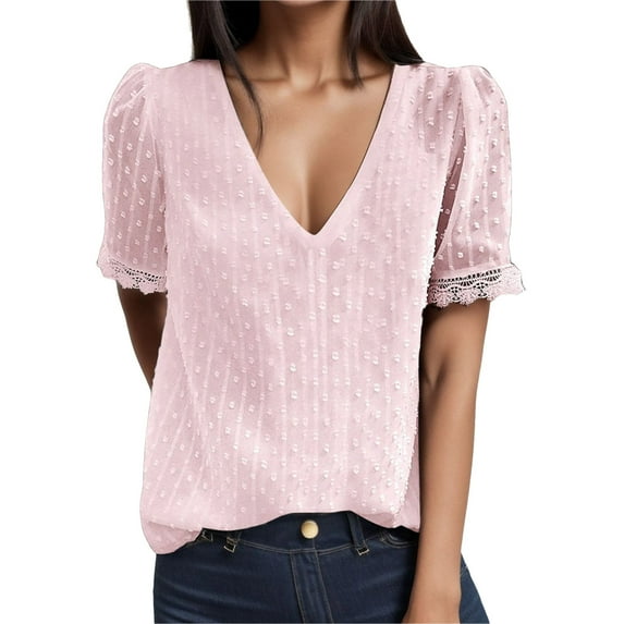 AWZXDE Women Solid Color V-Neck Short Sleeve Lace Blouse Double Layer ...