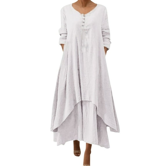 AWZXDE Women's Casual Solid Color Loose Asymmetric Linen Long Dress ...