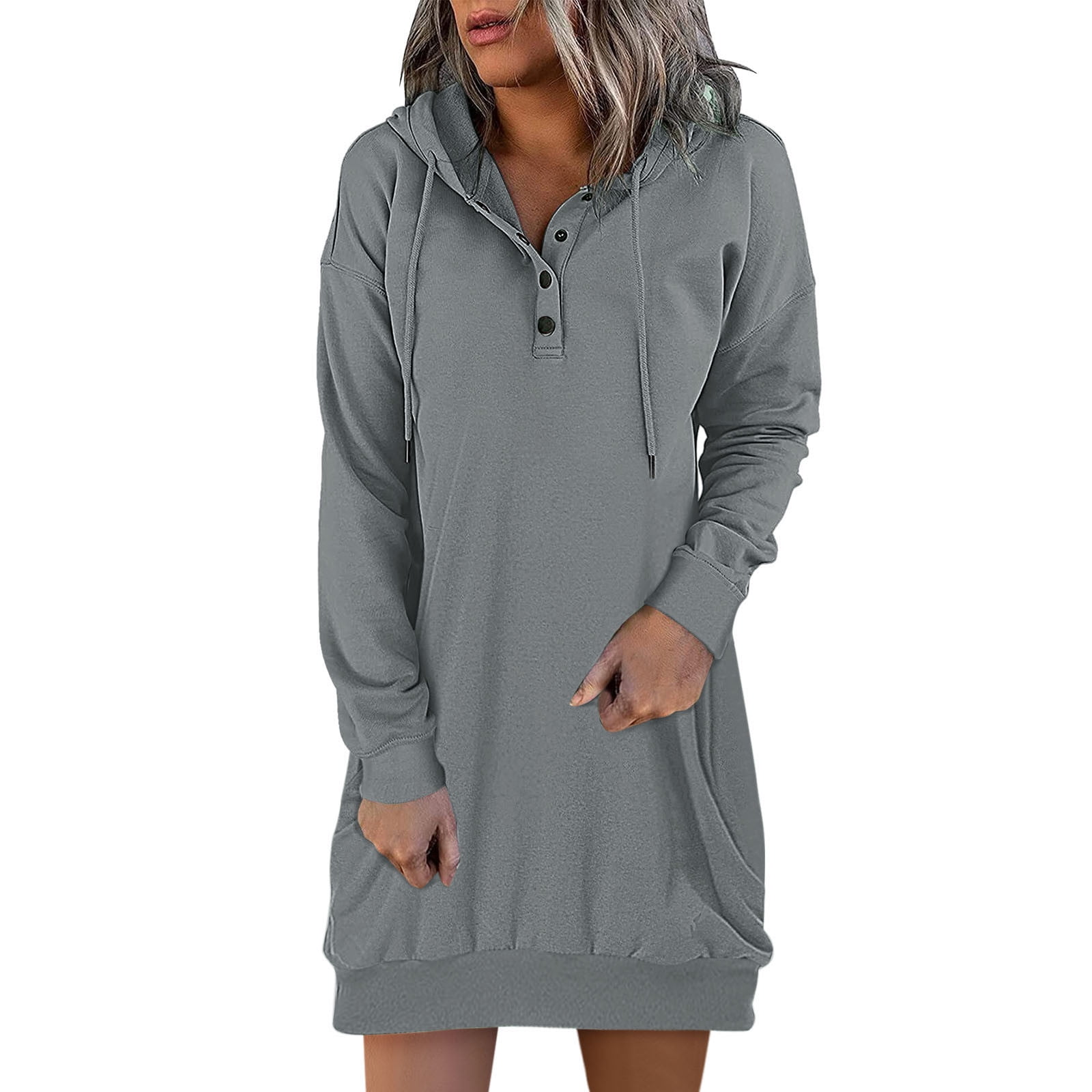 AWZXDE Women's Casual Solid Color Long Sleeve Dress Hooded Button Up ...