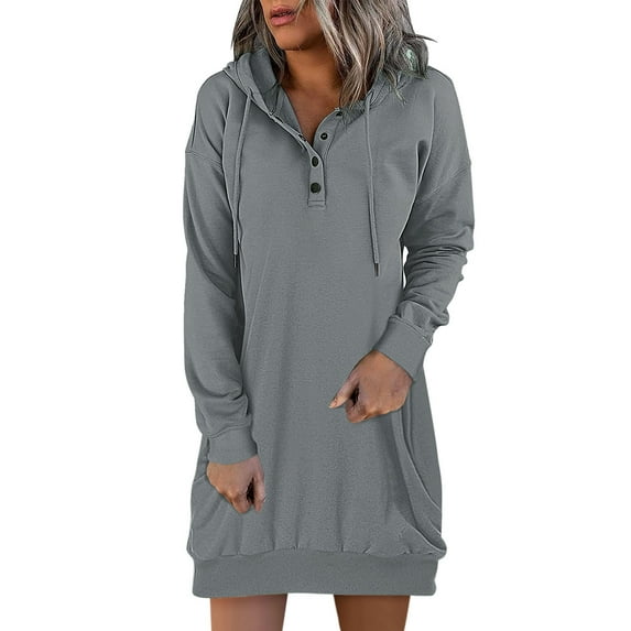 AWZXDE Women's Casual Solid Color Long Sleeve Dress Hooded Button Up ...