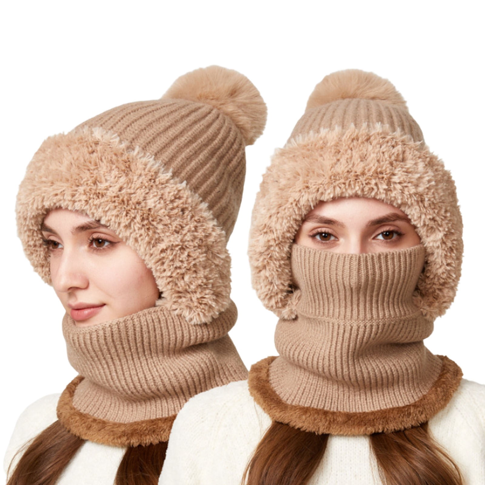 AWZXDE Women's Cold Weather integrated Neck Warmer Knit Hat with Ear ...