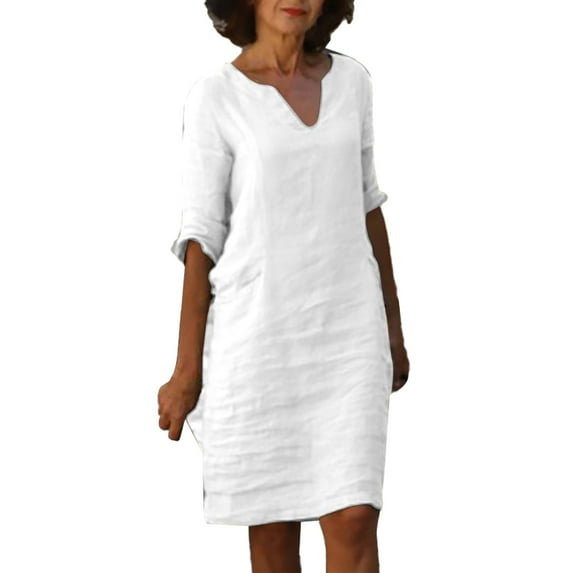 AWZXDE Women's Cotton Linen Midi Dress with Small V Neck and Long ...