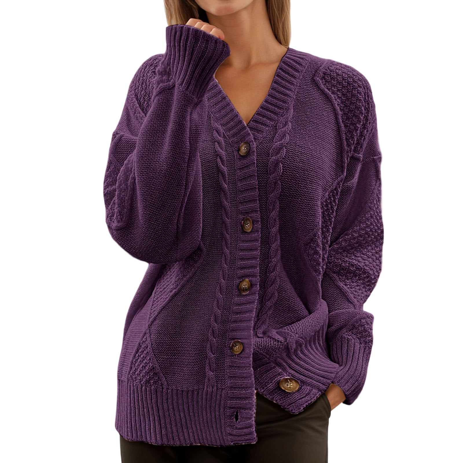 AWZXDE Women's Fall Winter Solid Color Long Sleeve V-Neck Knit Cardigan ...