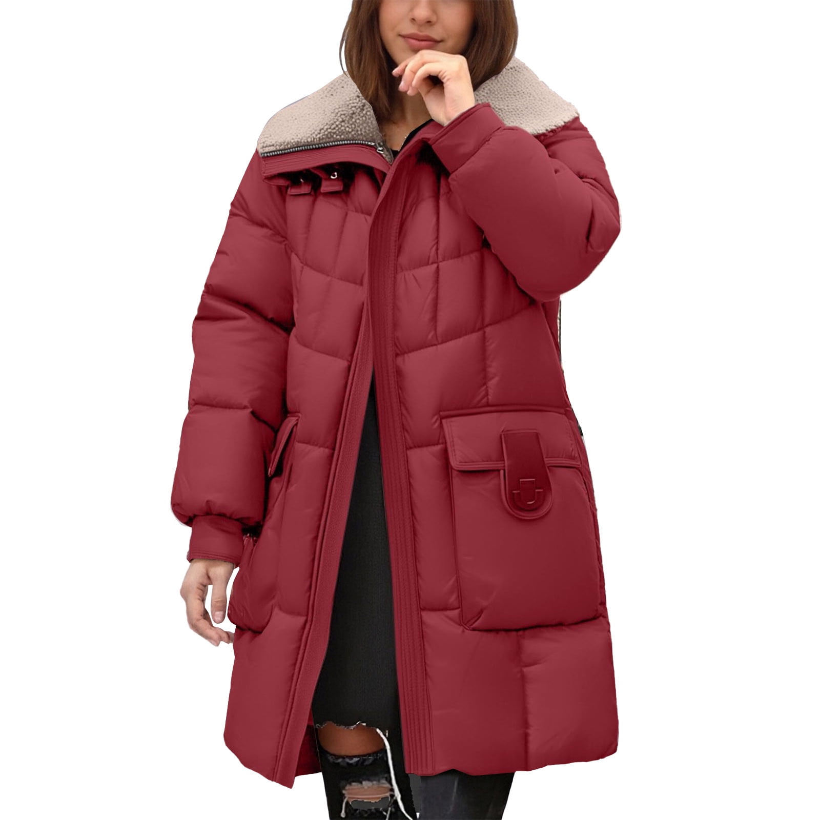 AWZXDE Women's Large Lapel Quilted Coat with Pockets Zipper Solid Color ...