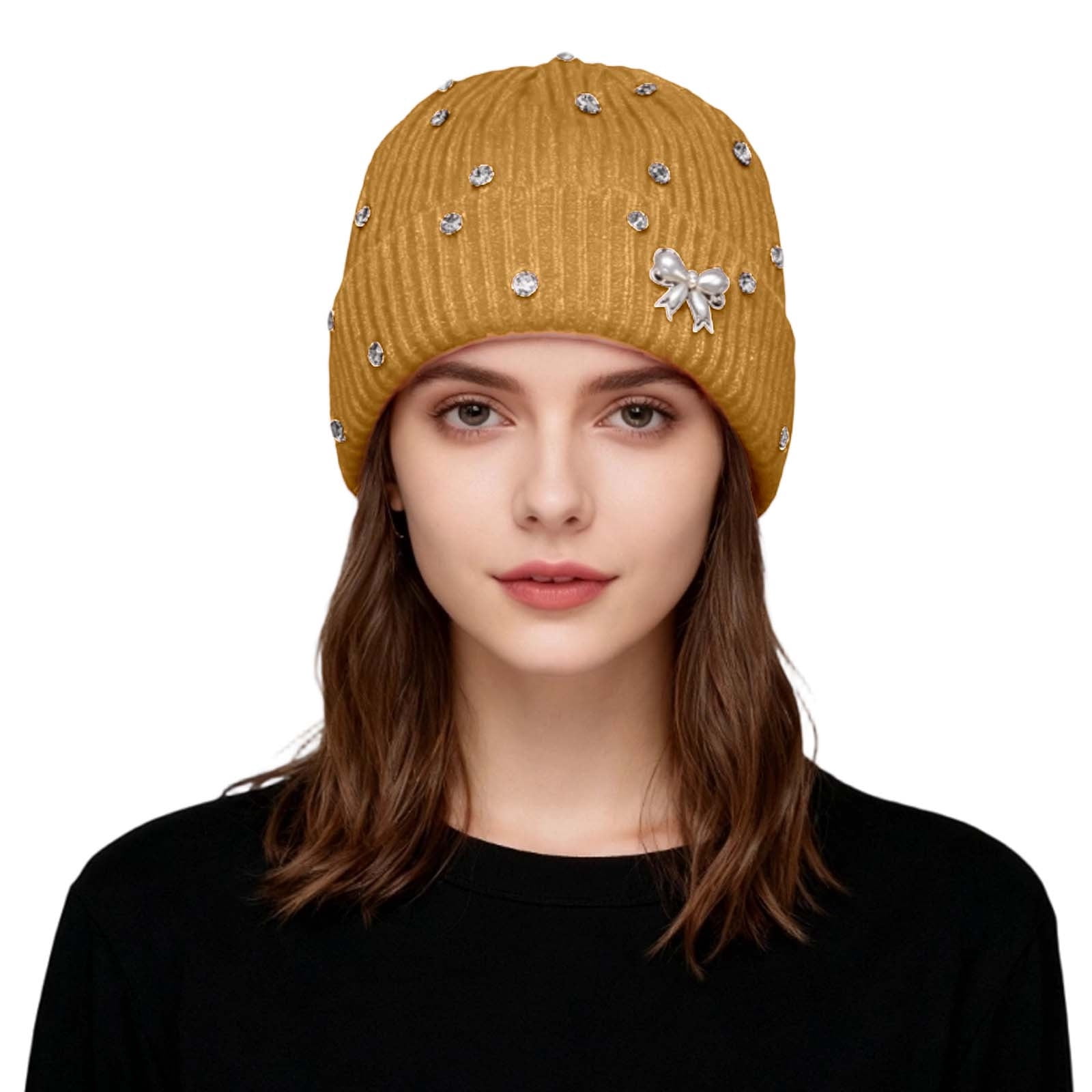 AWZXDE Women's Lightweight Pearl Knitted Hat with Ear for Cold Weather ...