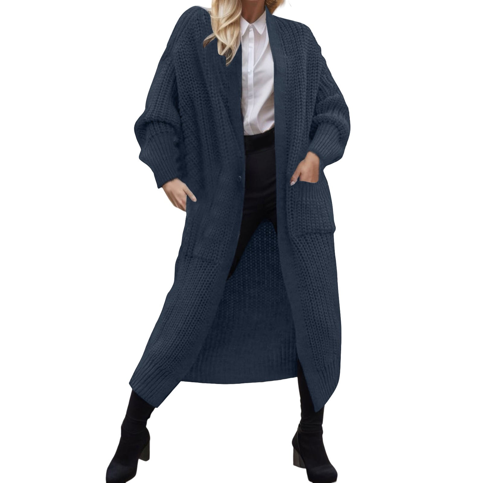 AWZXDE Women's Long Solid Color Knit Cardigan Coat with Pockets Fall ...