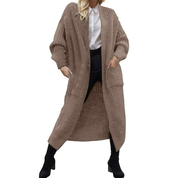 AWZXDE Women's Long Solid Color Knit Cardigan Coat with Pockets Fall ...