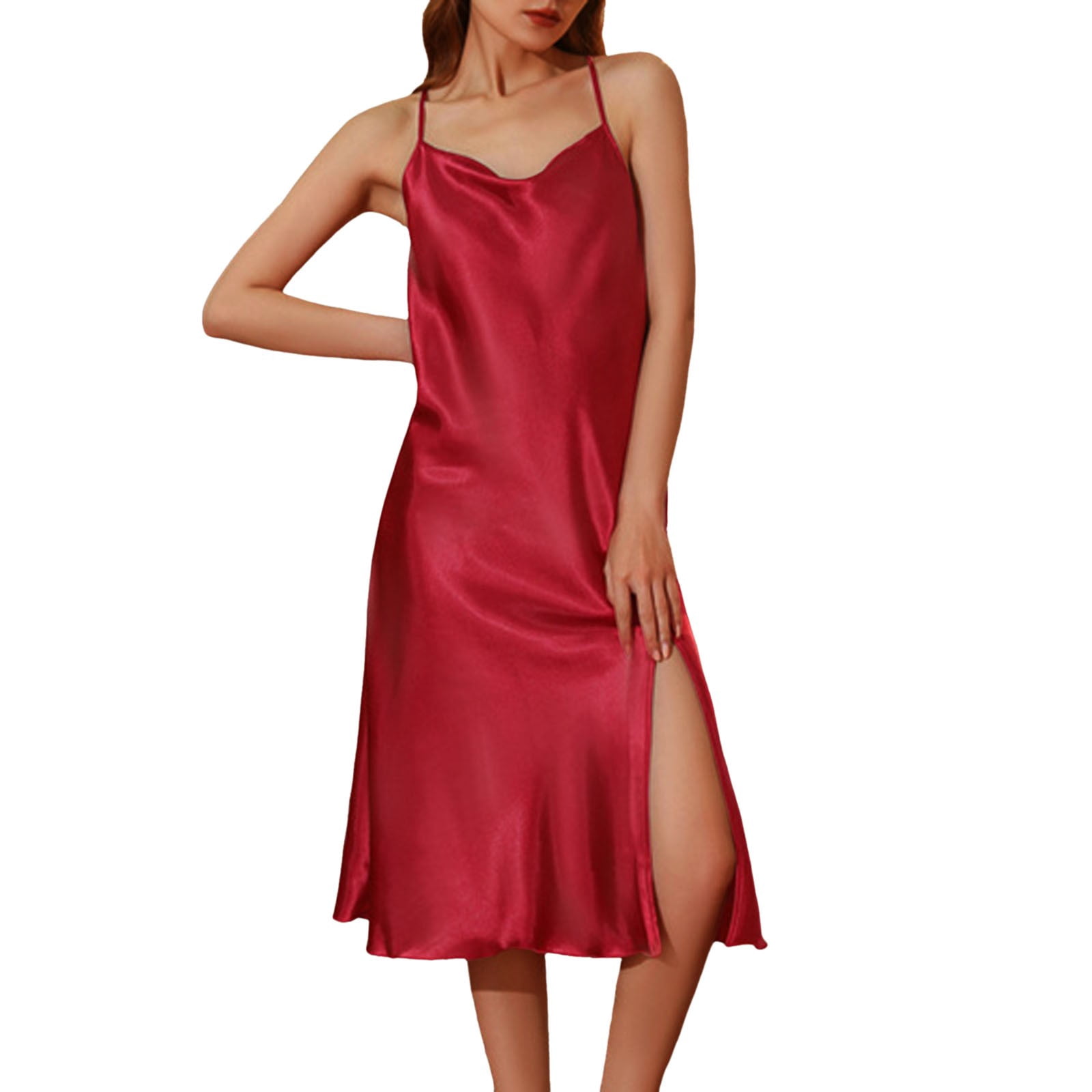 AWZXDE Women's Long Split Side Solid Color Pajama Dress Casual Home ...