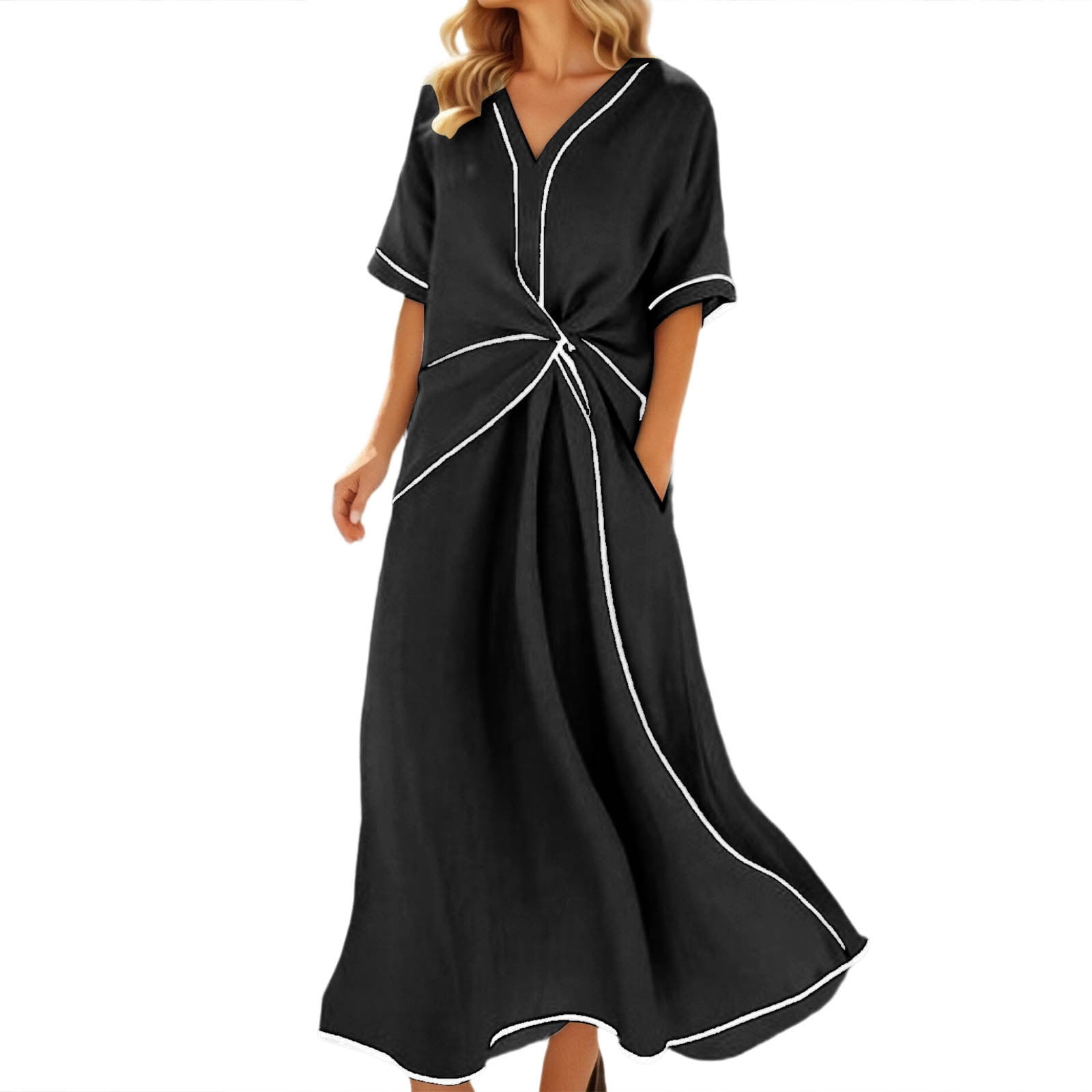 AWZXDE Women's Ordinary Casual V-Neck Line Design Long Sleeve Midi ...
