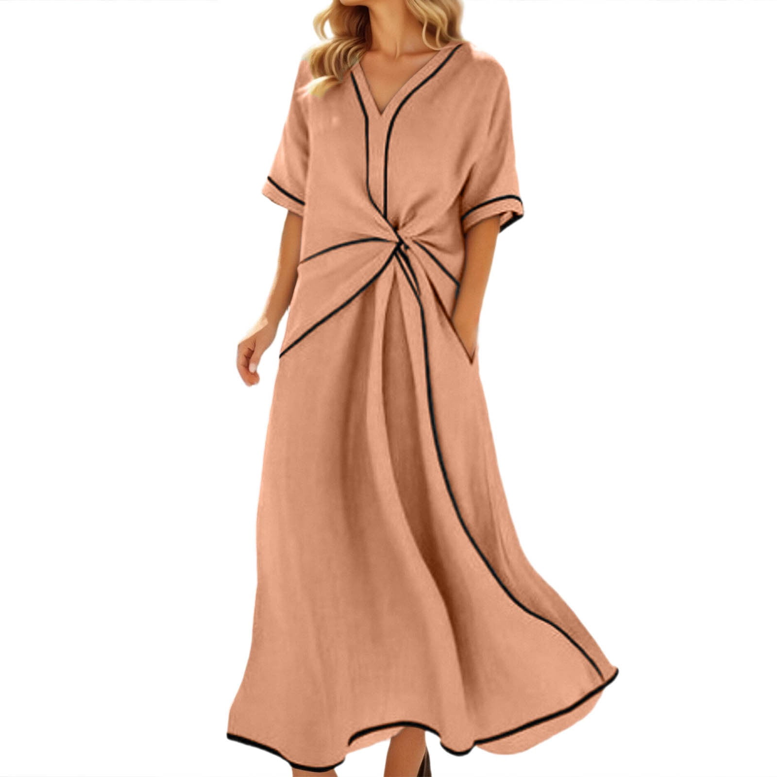 AWZXDE Women's Ordinary Casual V-Neck Line Design Long Sleeve Midi ...