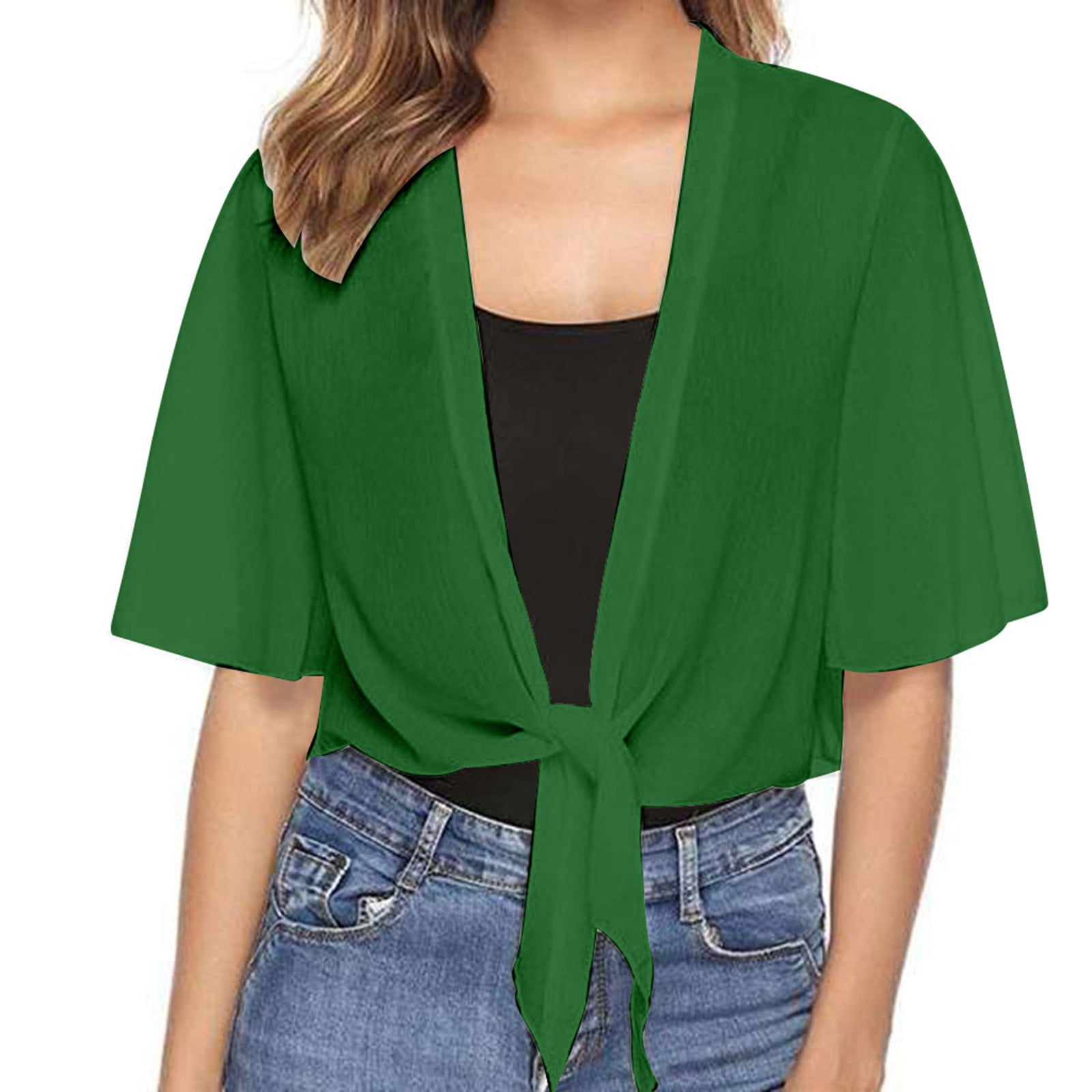 AWZXDE Women's Short Sleeve Chiffon Solid Color Cardigan Top Fashion ...