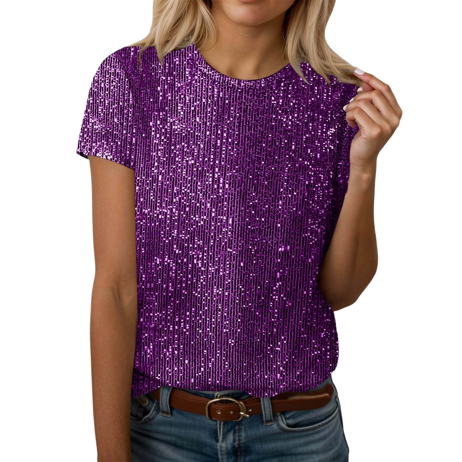 AWZXDE Women's Simple Casual Round Neck T-Shirt Fashion Shiny Sequin ...