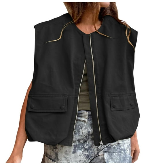 AWZXDE Women's Sleeveless Vest with Pockets Solid Color Loose Zipper ...