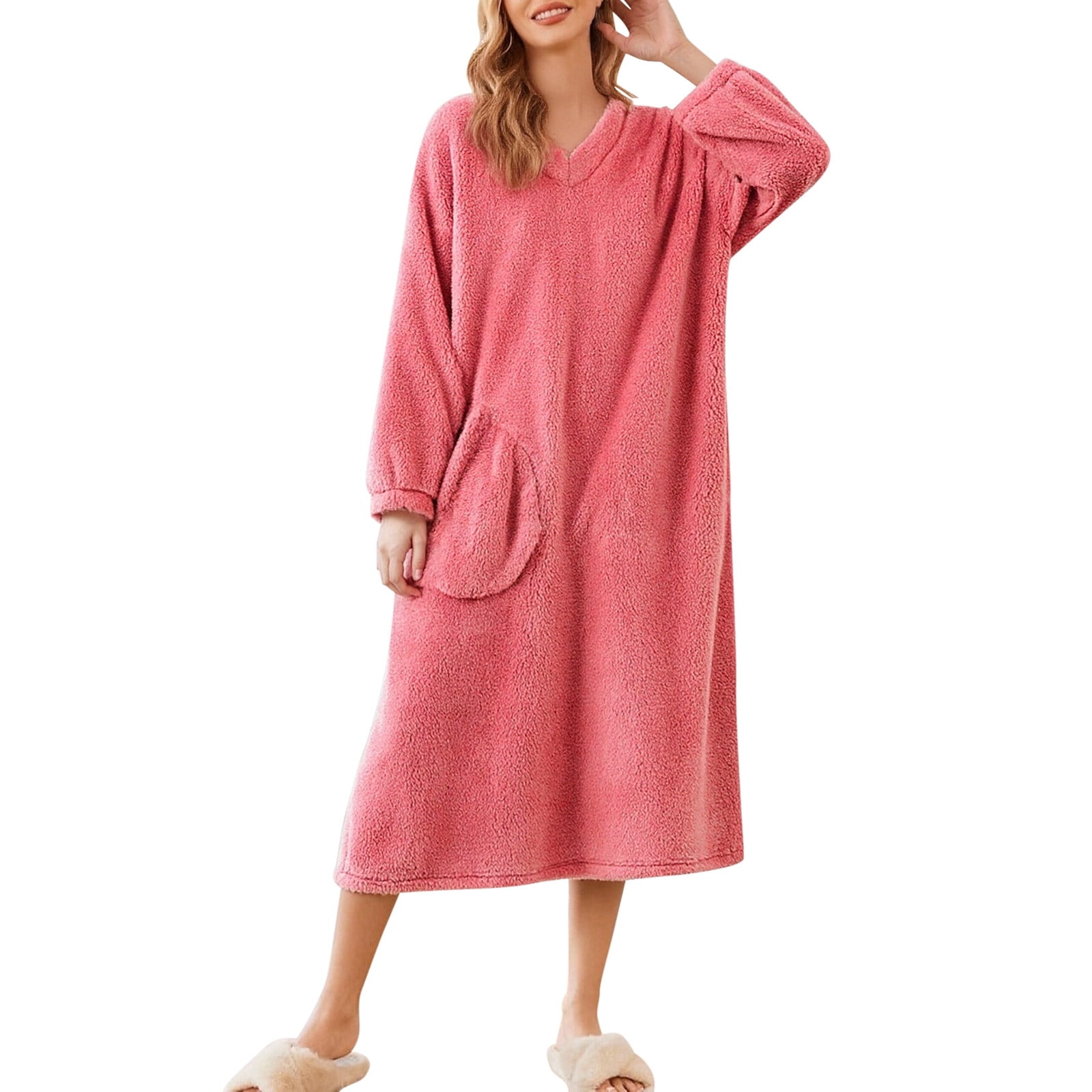 AWZXDE Women's Solid Color Leisure Sleep Robe with Pockets Long Sleeve ...