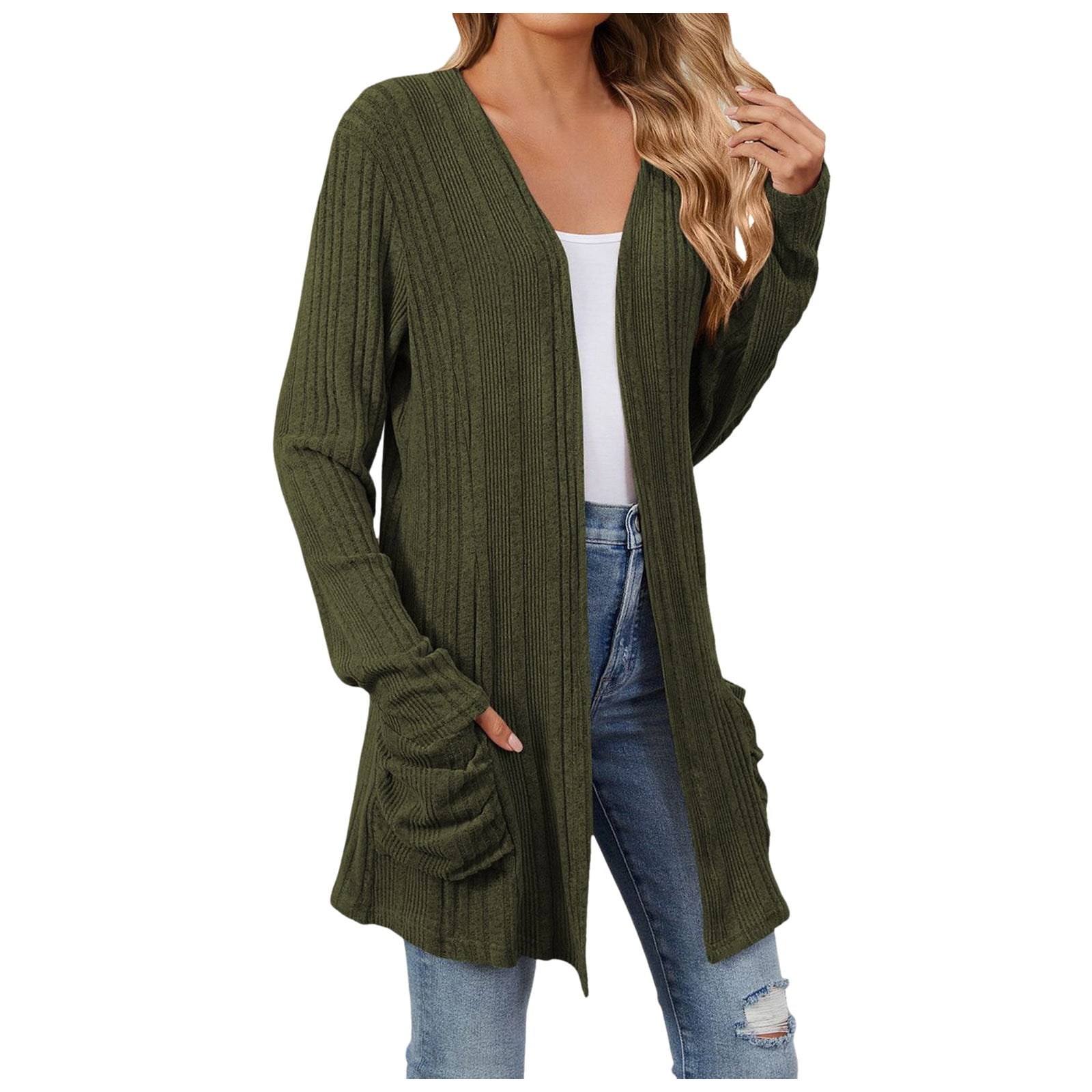 AWZXDE Women's Solid Color Ribbed Brushed Cardigan with Pocket Design ...