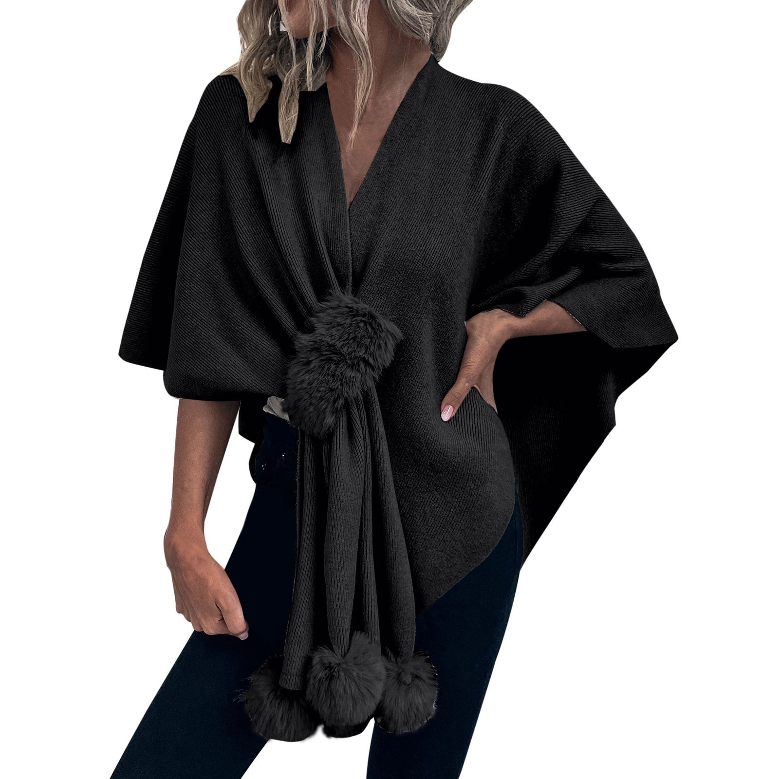 AWZXDE Women's Solid Color Warm Vertical Stripe Knit Open Front Shawl ...