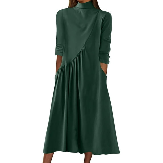 AWZXDE Women's Solid Color Stand Collar Dress Long Sleeve Dress Loose ...