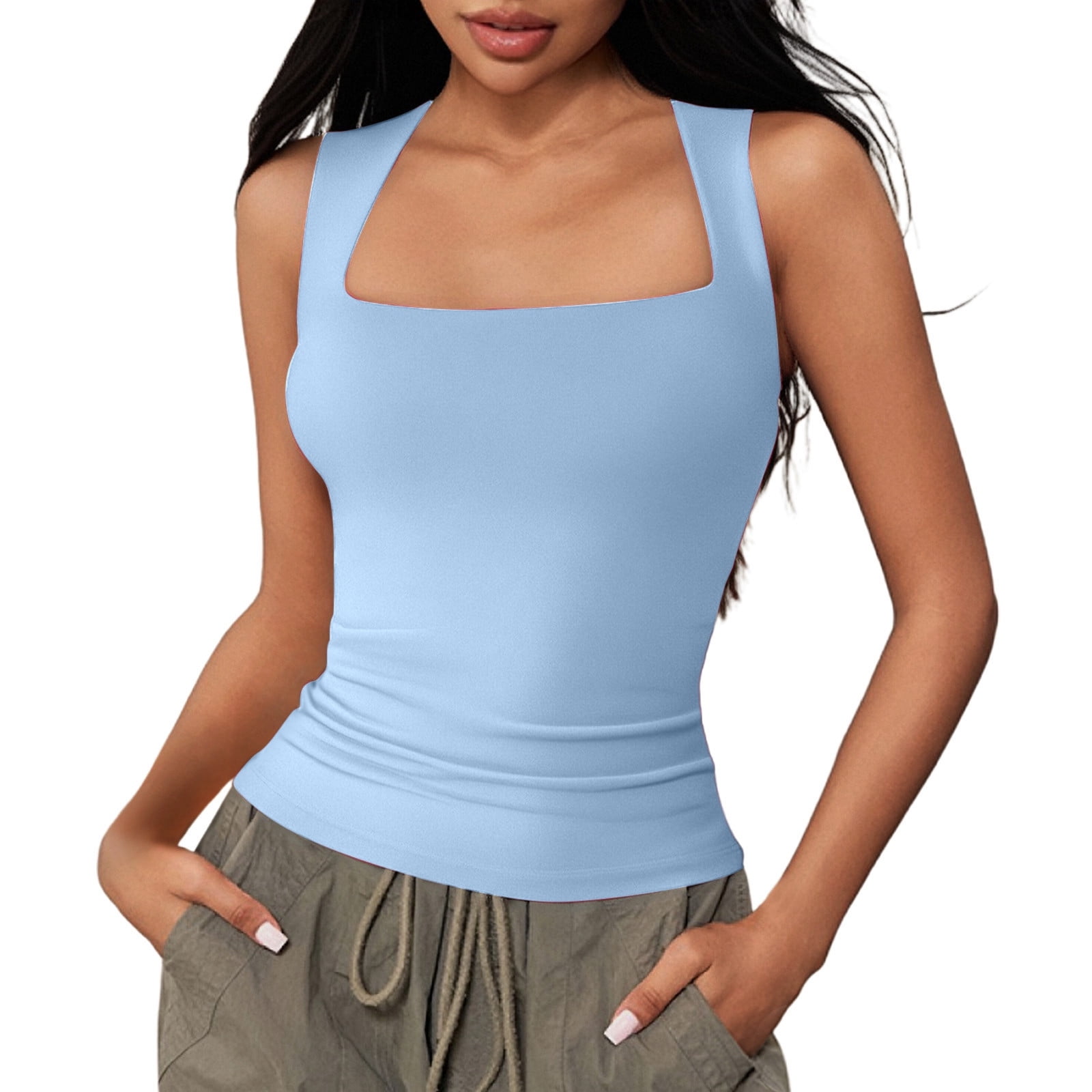 AWZXDE Women's Square Neck Double Layer Slim Fit Halter Top Fashionable ...
