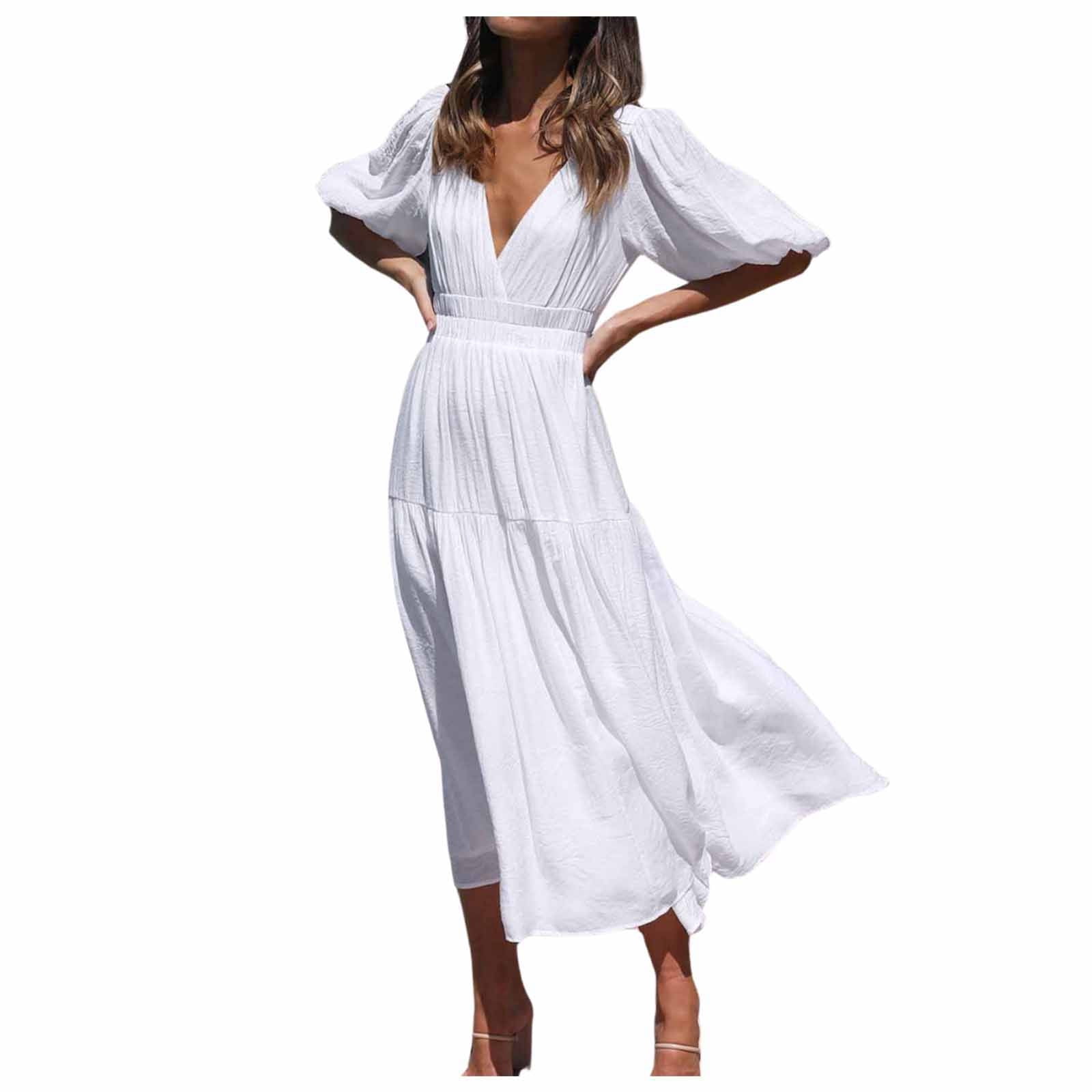 AWZXDE Women's Summer Elegant Deep V-Neck Puff Sleeve Dress Solid Color ...