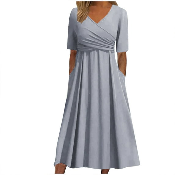 AWZXDE Women's Casual Dresses for Women Solid Deep V-Neck Short Sleeve ...