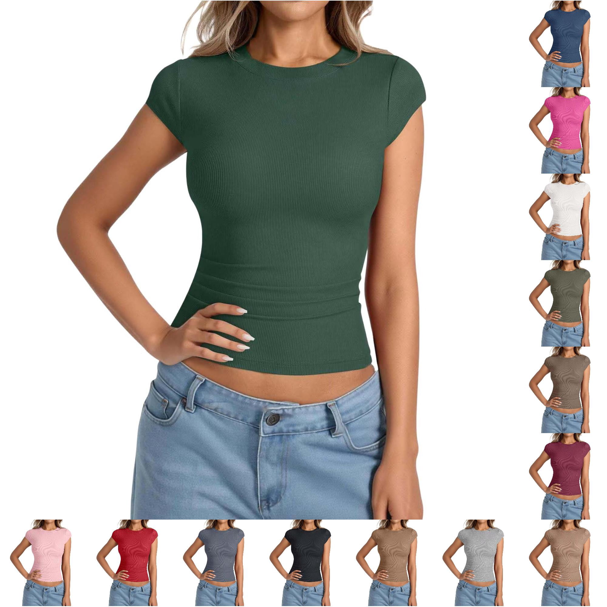 AWZXDE Workout Tops for Women Solid Crew Neck Slim Fit Basic Short ...