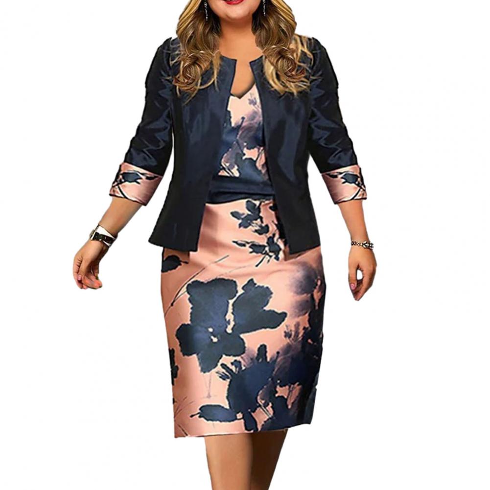 AWky 2 Pcs/Set Women Coat Dress Suits Set Floral Print Sheath Midi ...